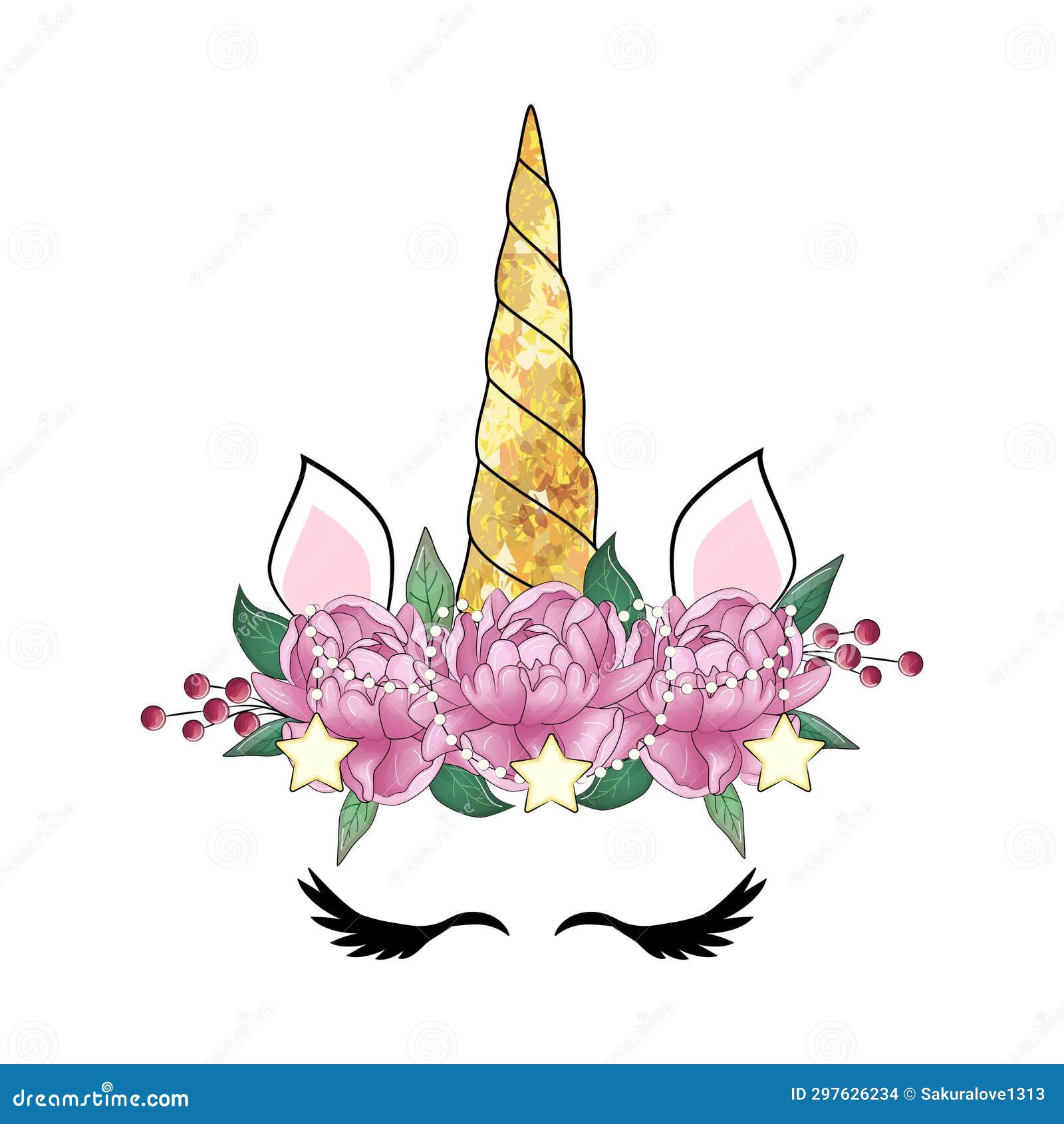 Cute Unicorn Head with Flower Crown. Stock Illustration - Illustration ...