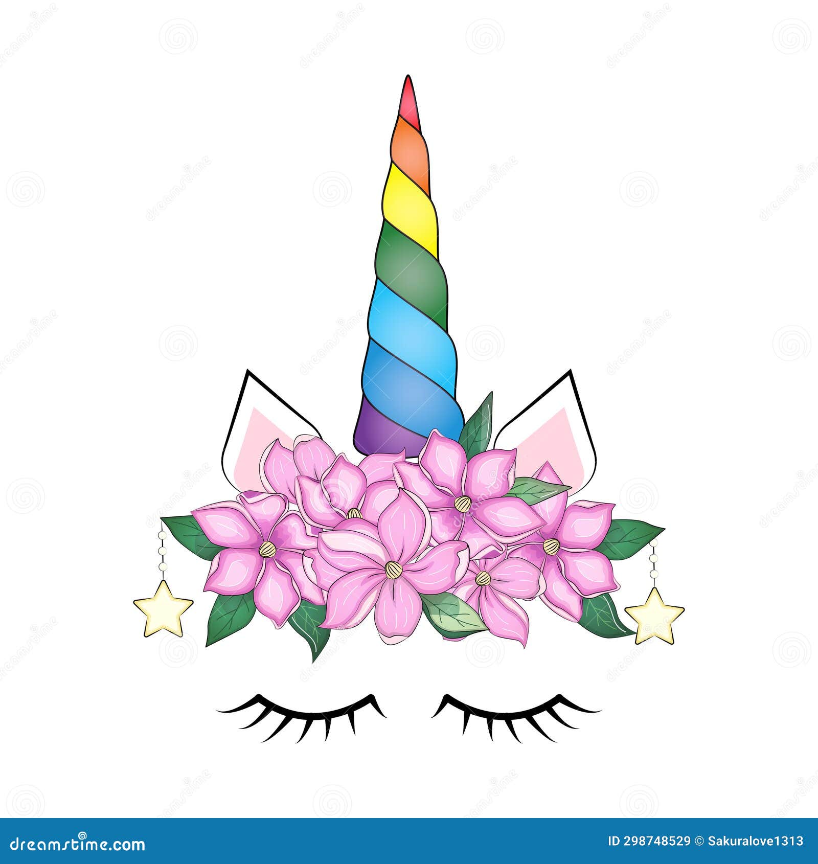 Cute Unicorn Head with Flower Crown. Stock Illustration - Illustration ...