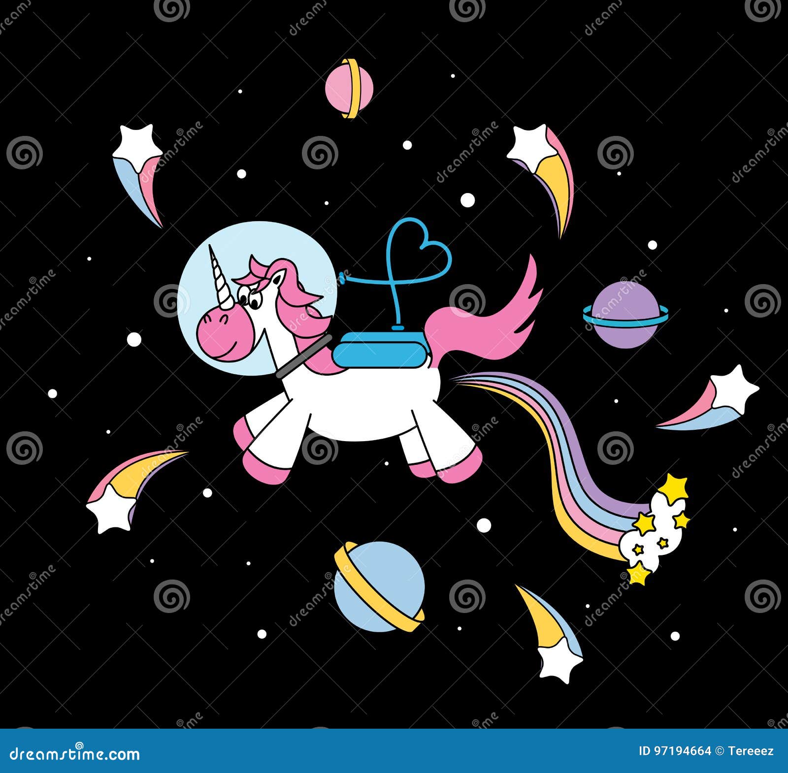 Cute Unicorn in the Universe with Spacesuit on Black Background Stock ...