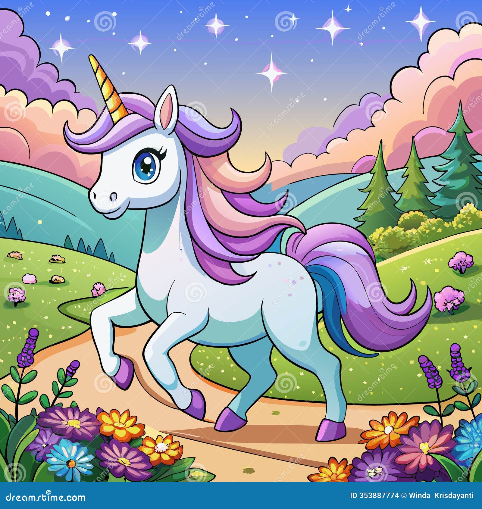 Cute Unicorn Walking on a Path in a Magical Landscape at Sunset Stock ...