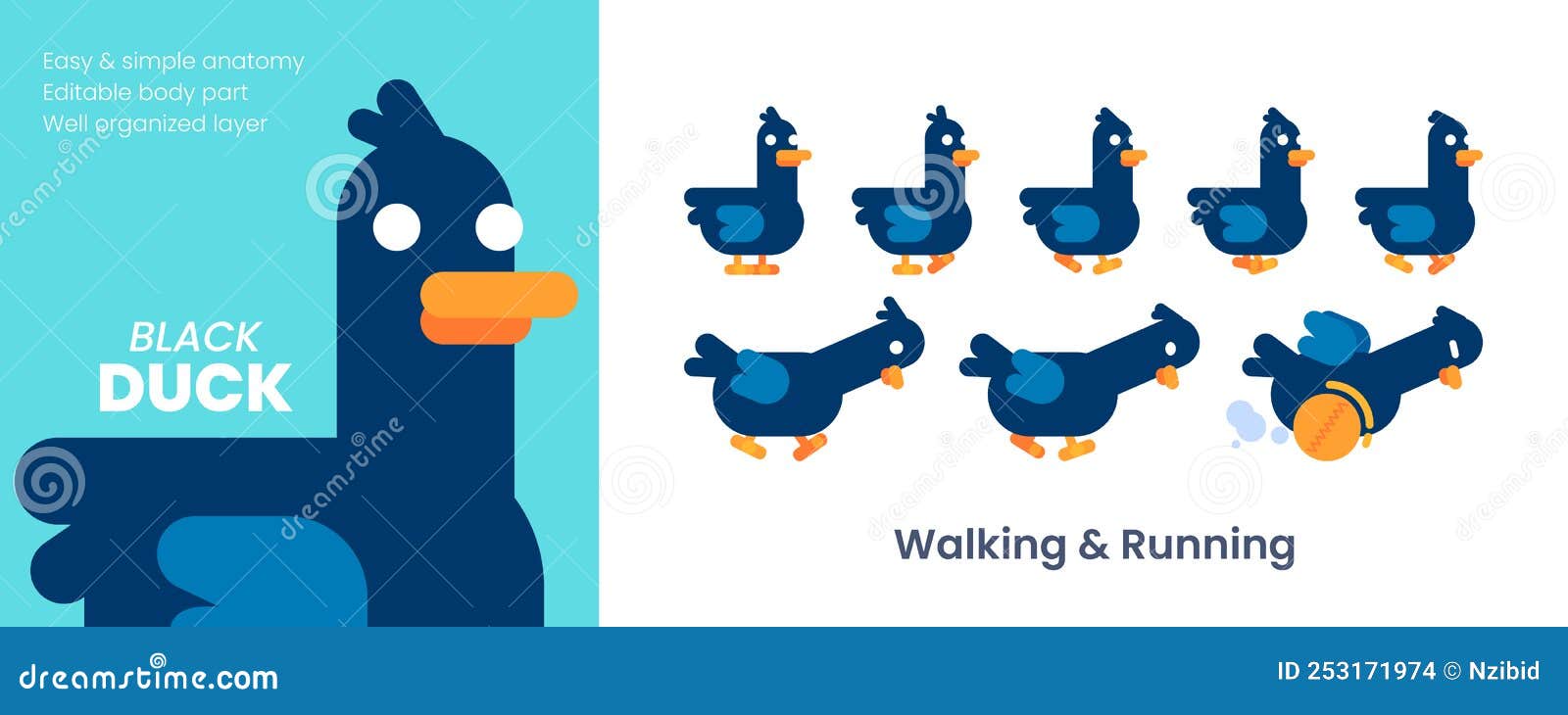 Cute Unique Black Duck Animation Frame with Flat Design Style Vector ...