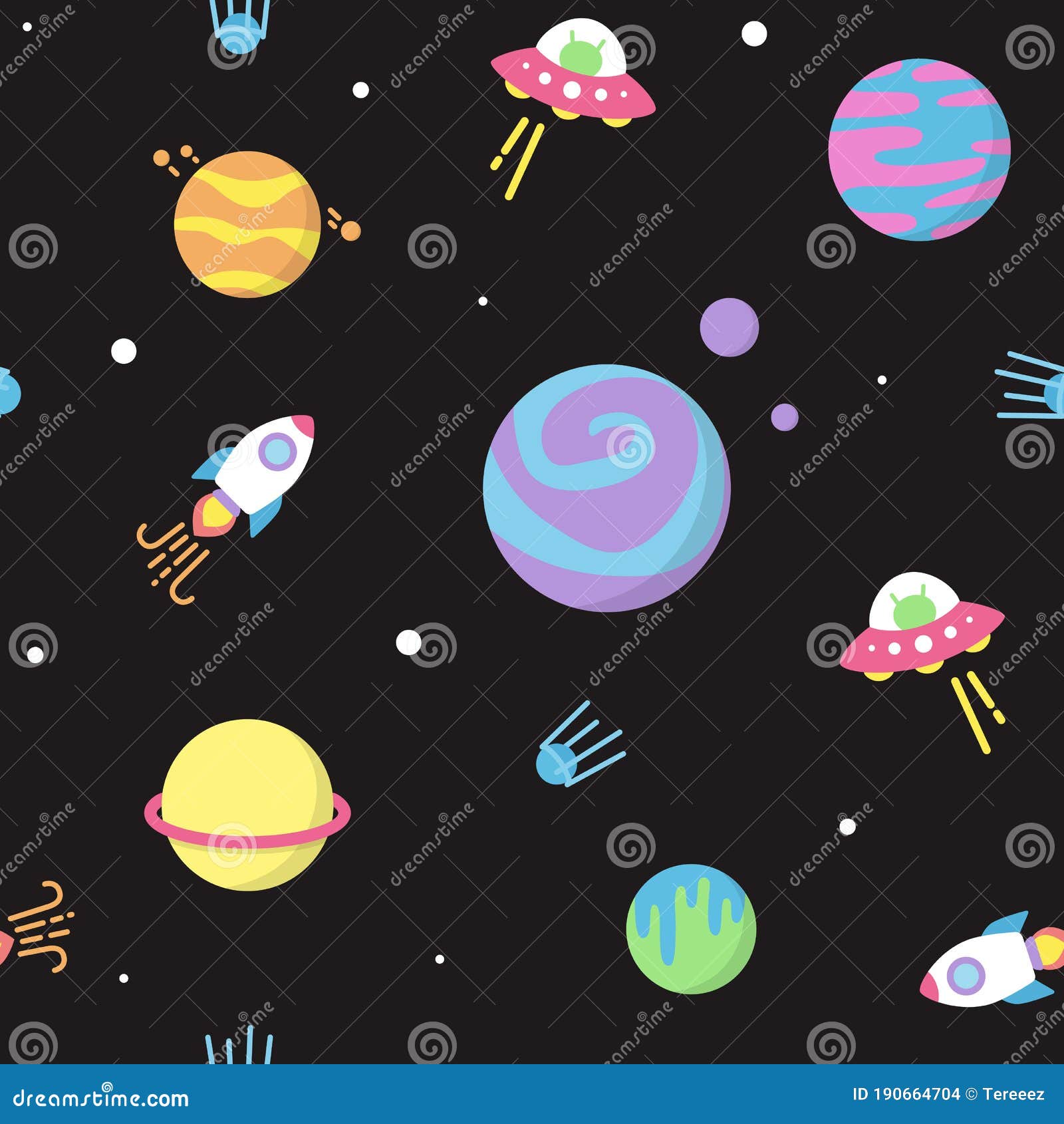 Cute Universe Pattern with Planets and UFO Stock Vector - Illustration ...