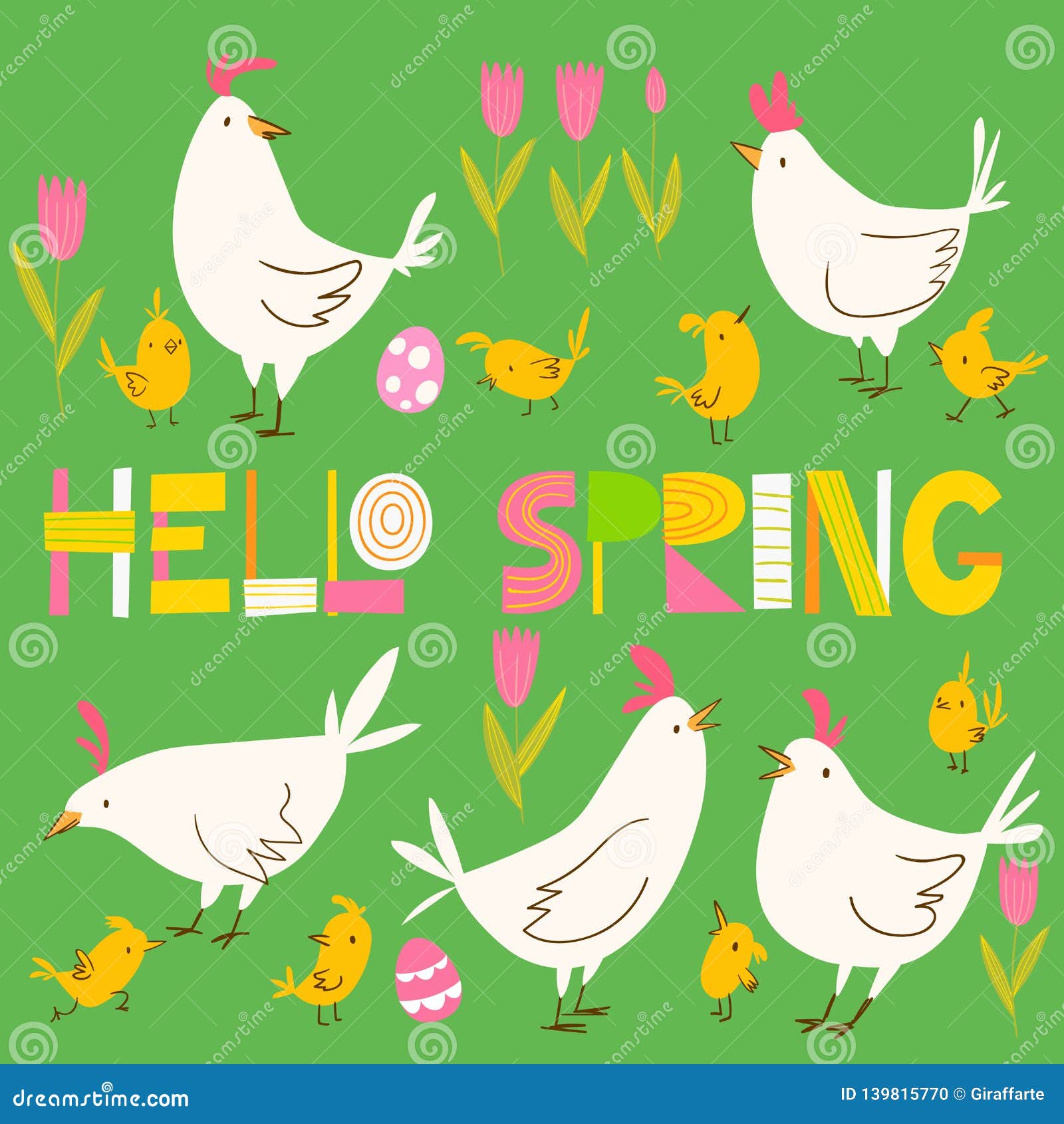 Vector Spring Easter Card with Flowers and Chicken Stock Vector ...