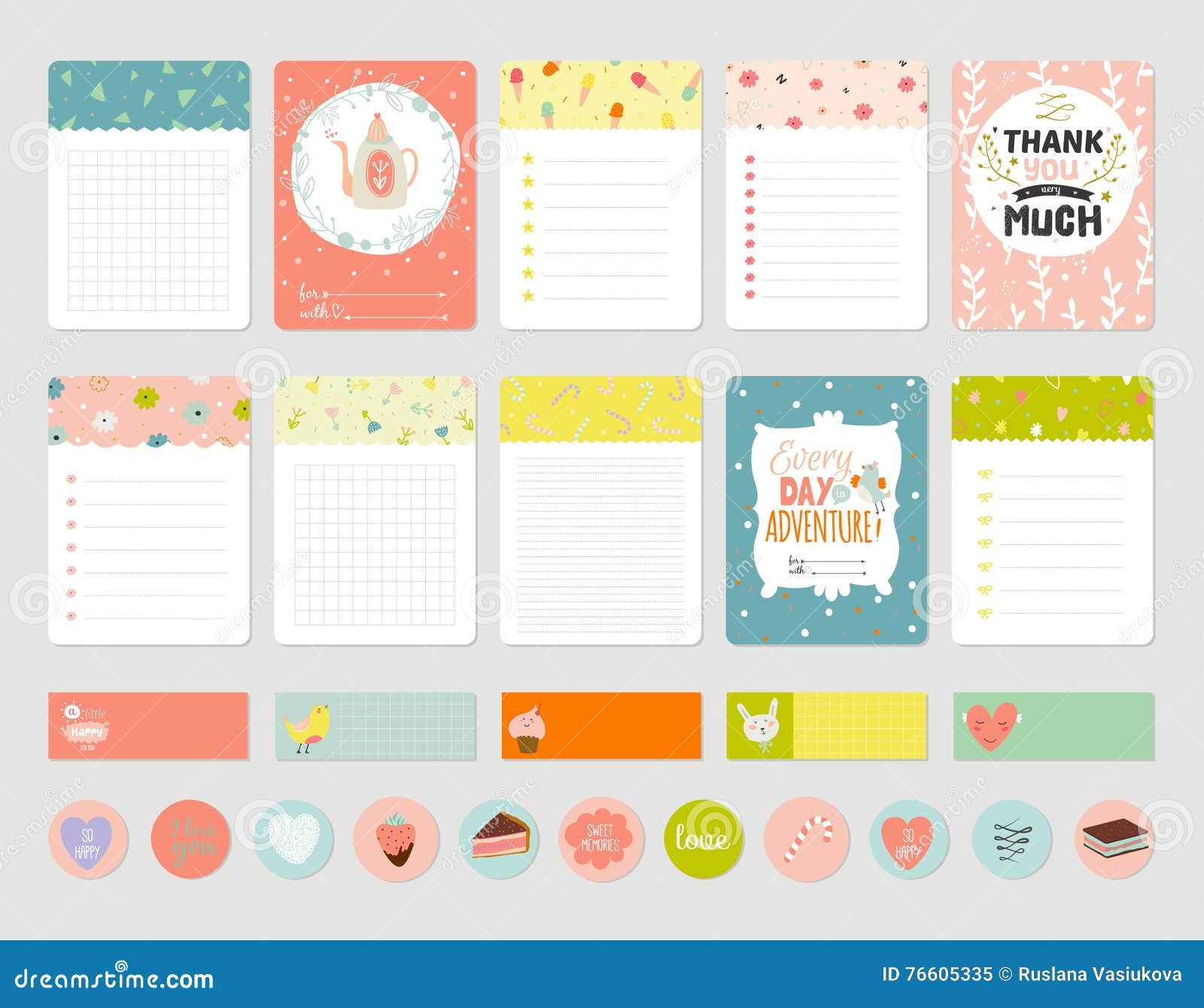 Cards Notes. Kids Notebook Page Vector Template. Stickers, Labels, Tags ...