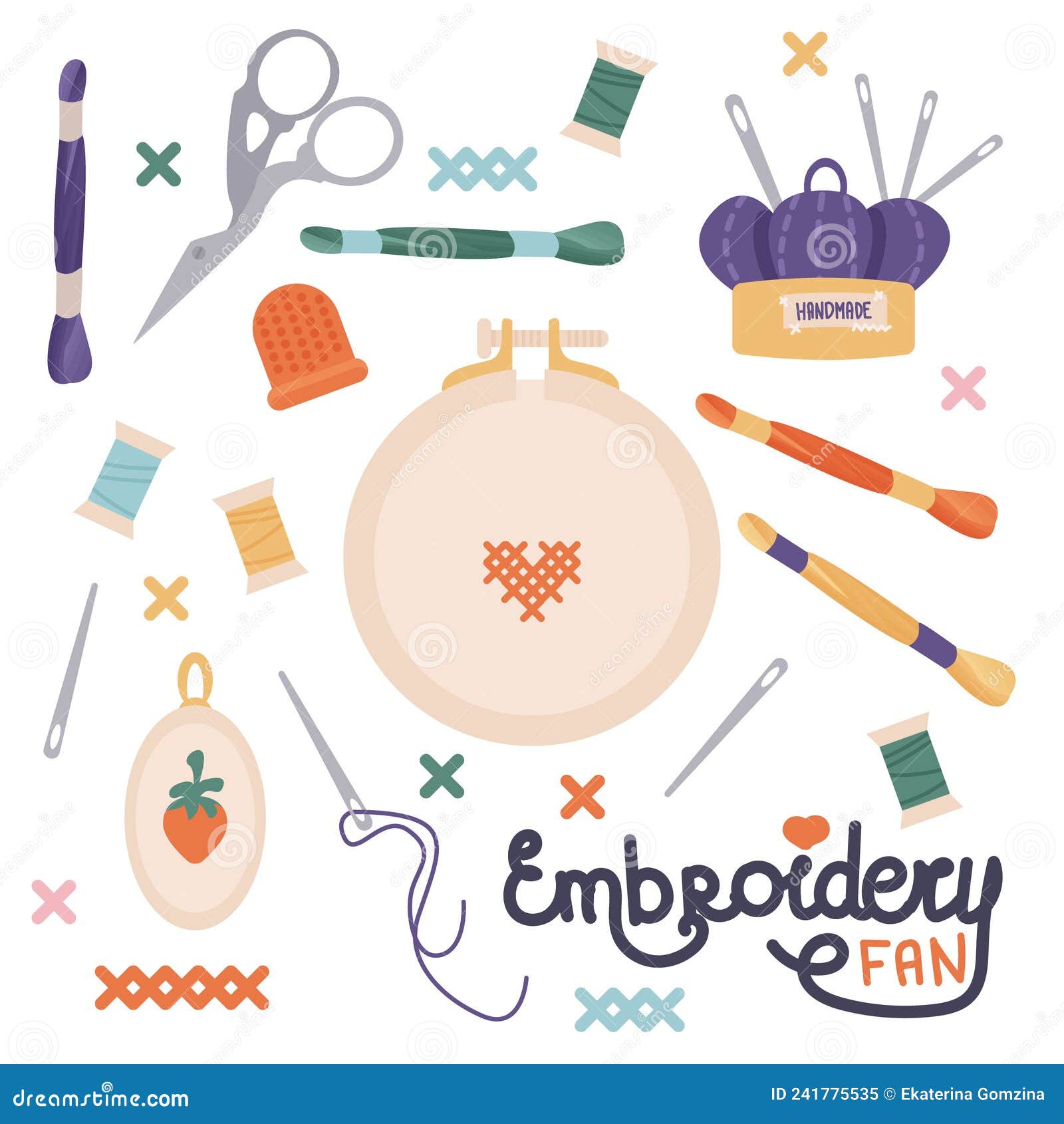 Cute Vector Collection with Sewing and Embroidery Tools. Pins, Needle ...