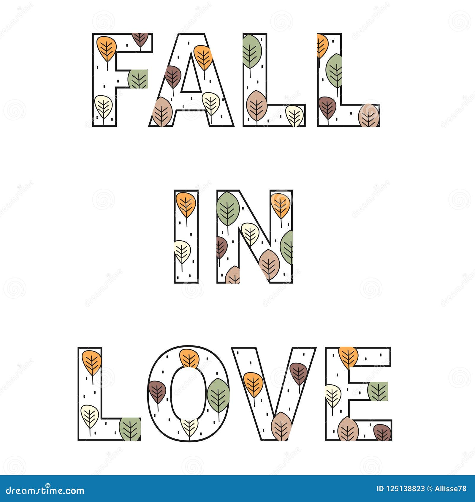 Cute Vector Fall in Love Text Filled with Leaves Pattern Stock Vector ...