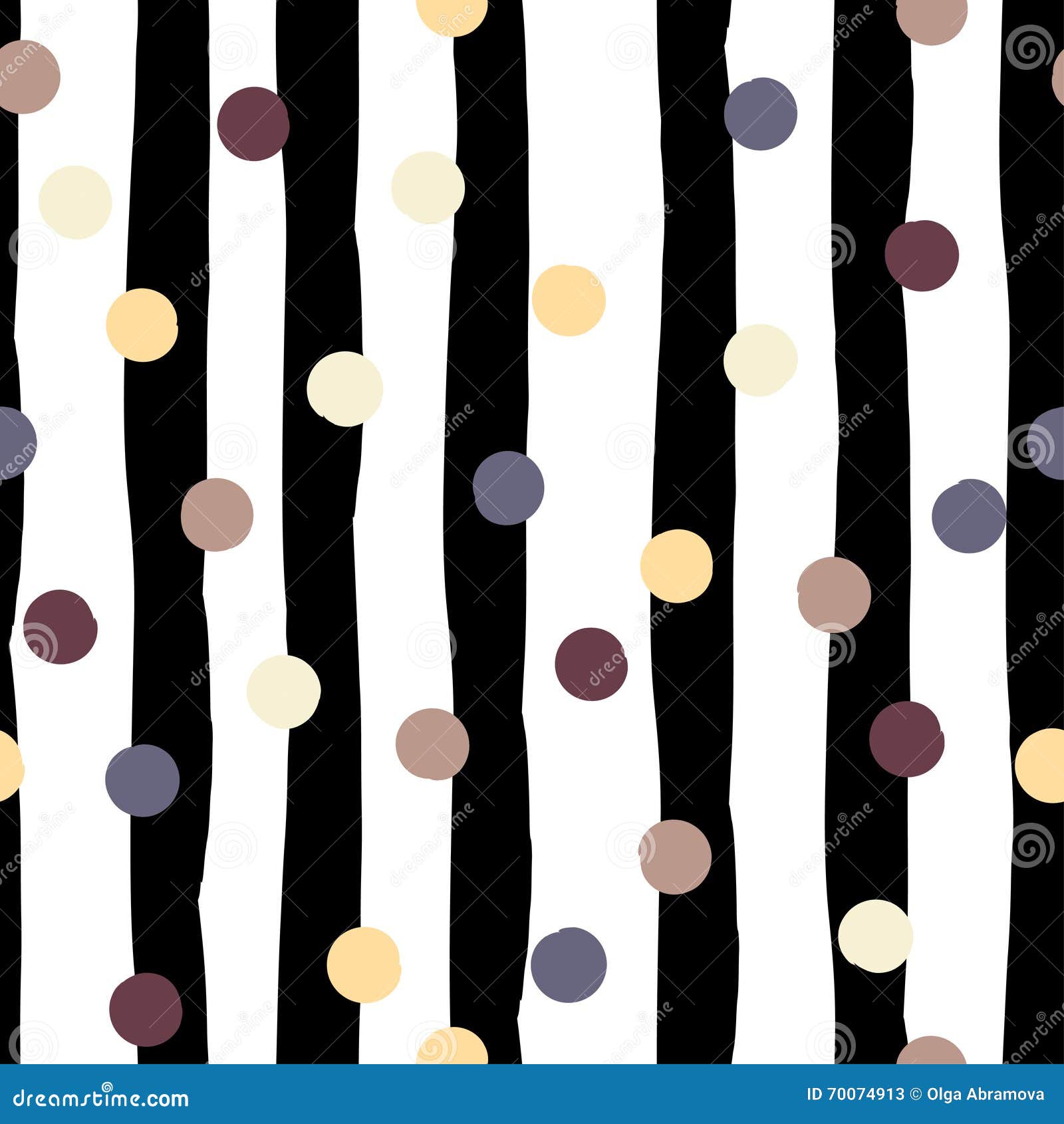 Cute Vector Geometric Seamless Pattern . Polka Dots and Stripes. Brush Strokes. Hand Drawn ...