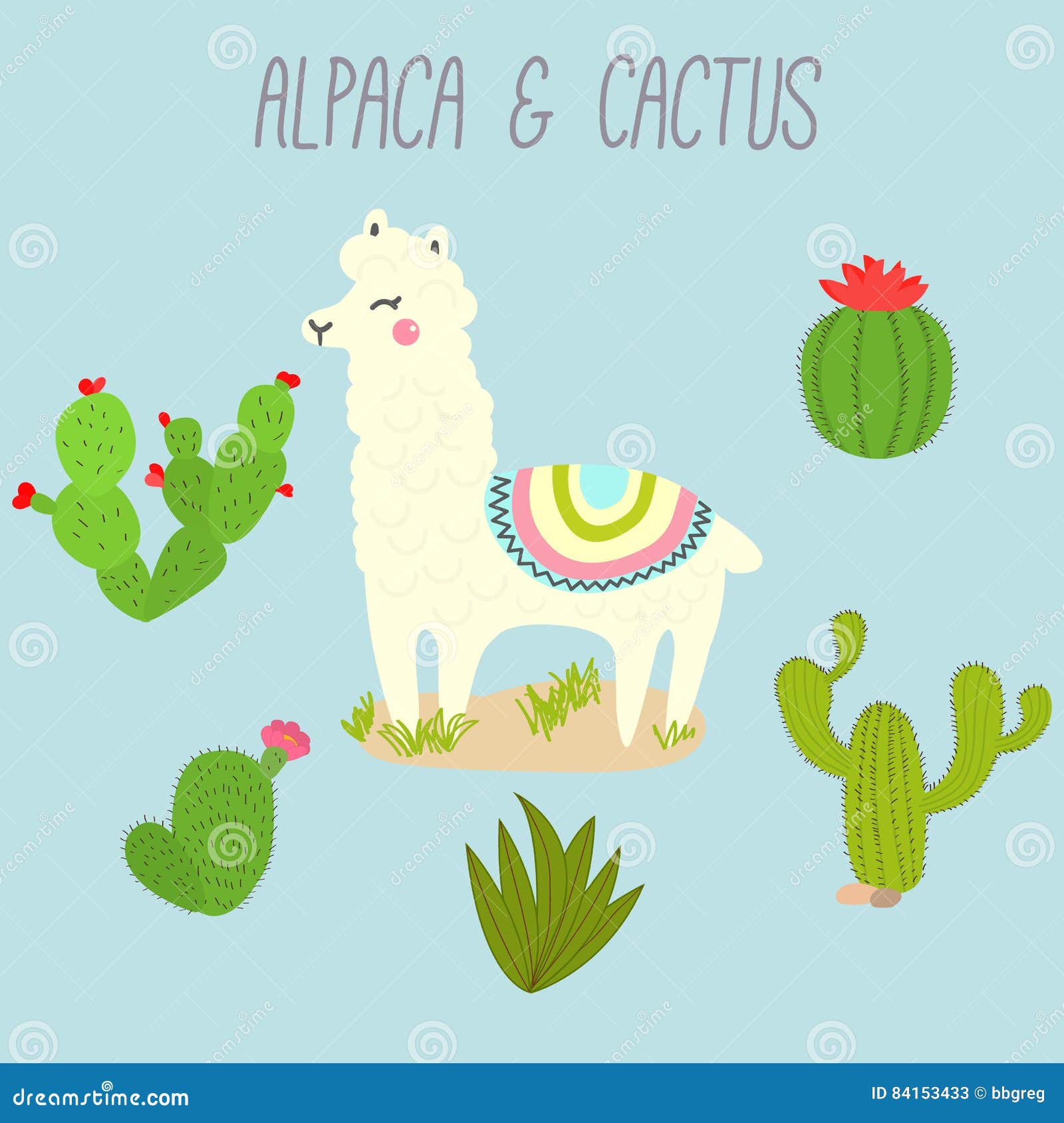 Cute Vector Llama and Cactus Design Elements. Illustration. Stock ...