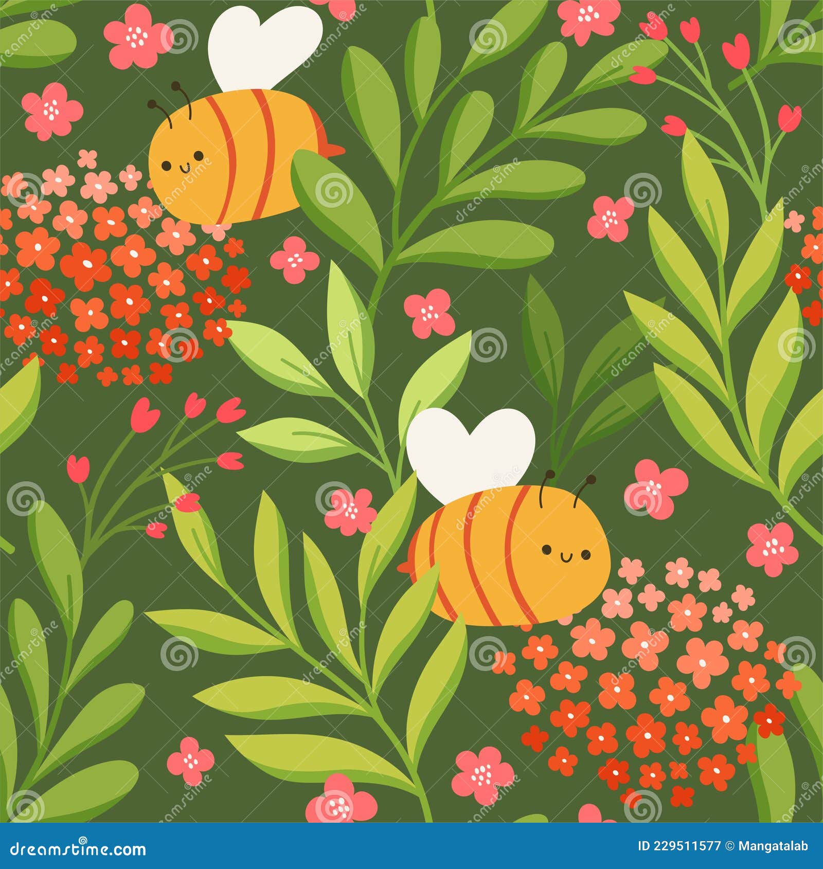 Cute Vector Seamless Pattern with Bees and Flowers. Decorative Floral ...