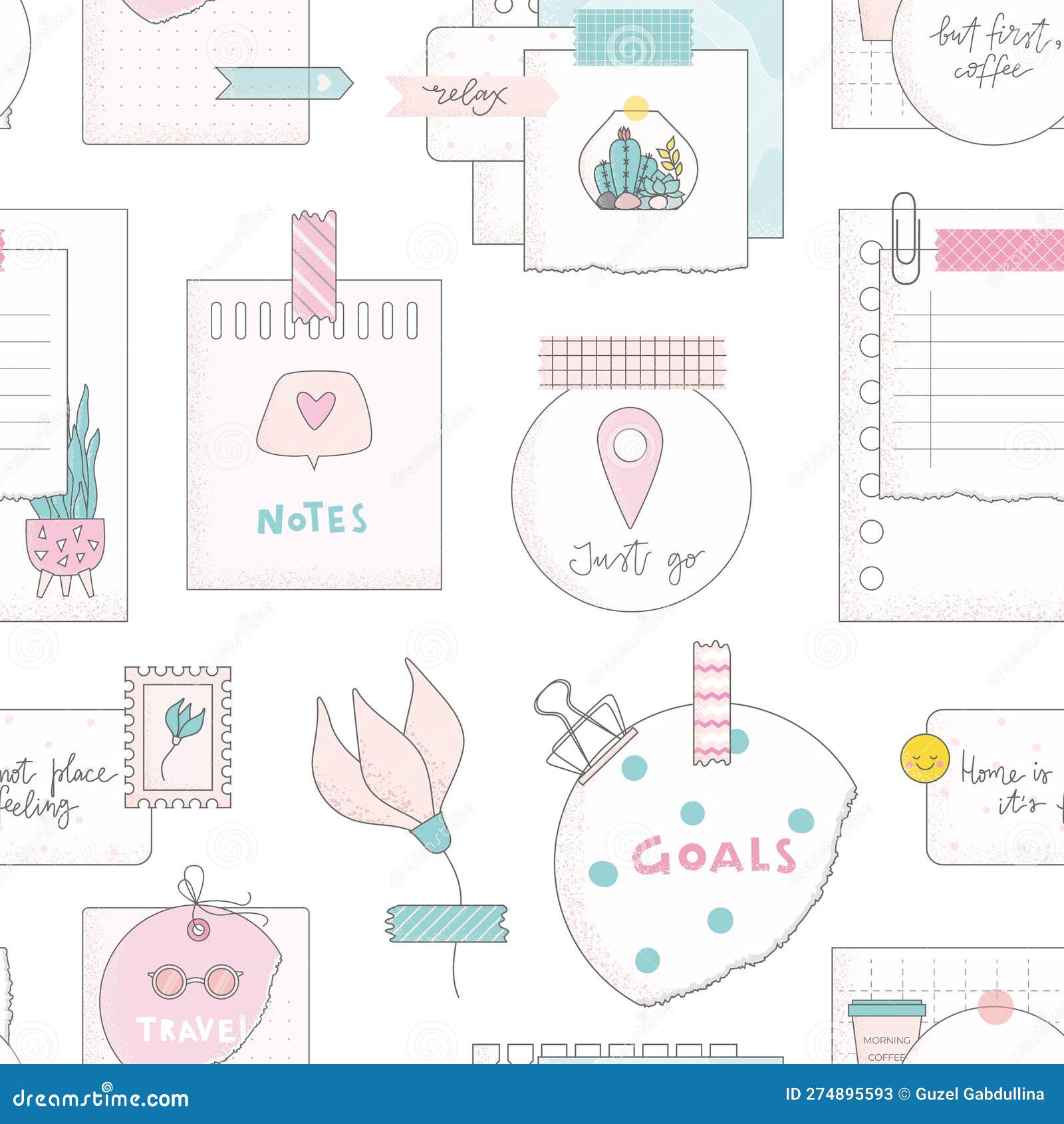 Cute Vector Seamless Pattern with Wall Moodboard, Notes, Papers for ...