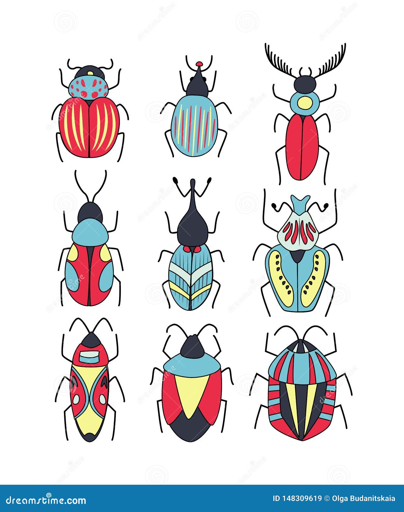 Cute Vector Set of Different Doodl Bugs and Beetles. Vector Design ...