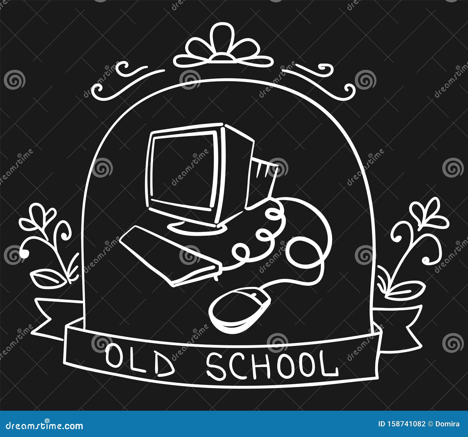 Cute Vignette with Old Computer in Sketch. Old School Stock Vector ...