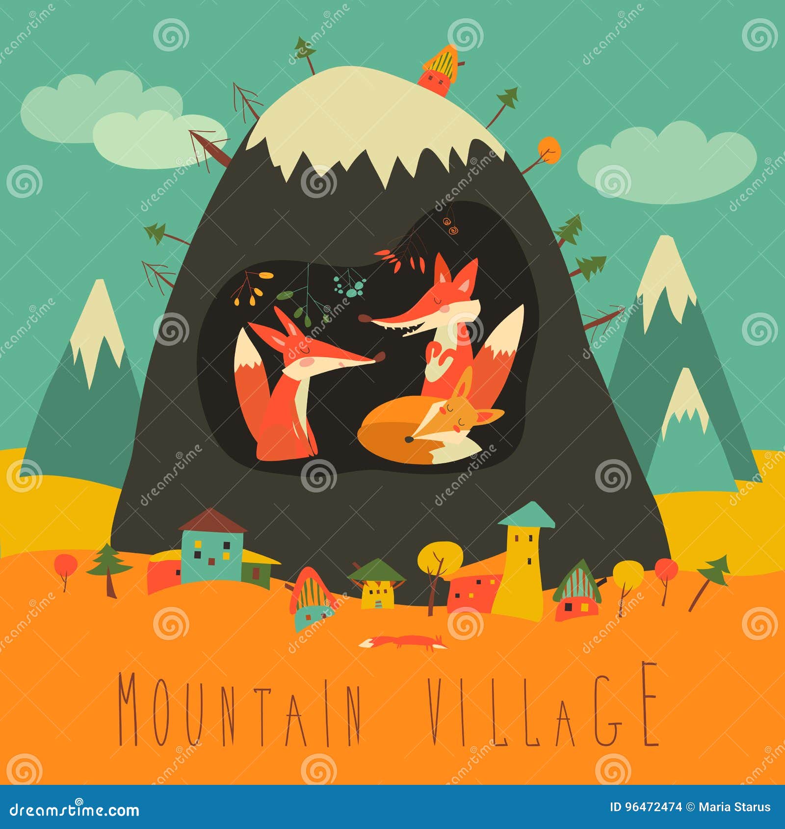 Cute Village Map With Houses And Animals. Hand Drawn Vector ...