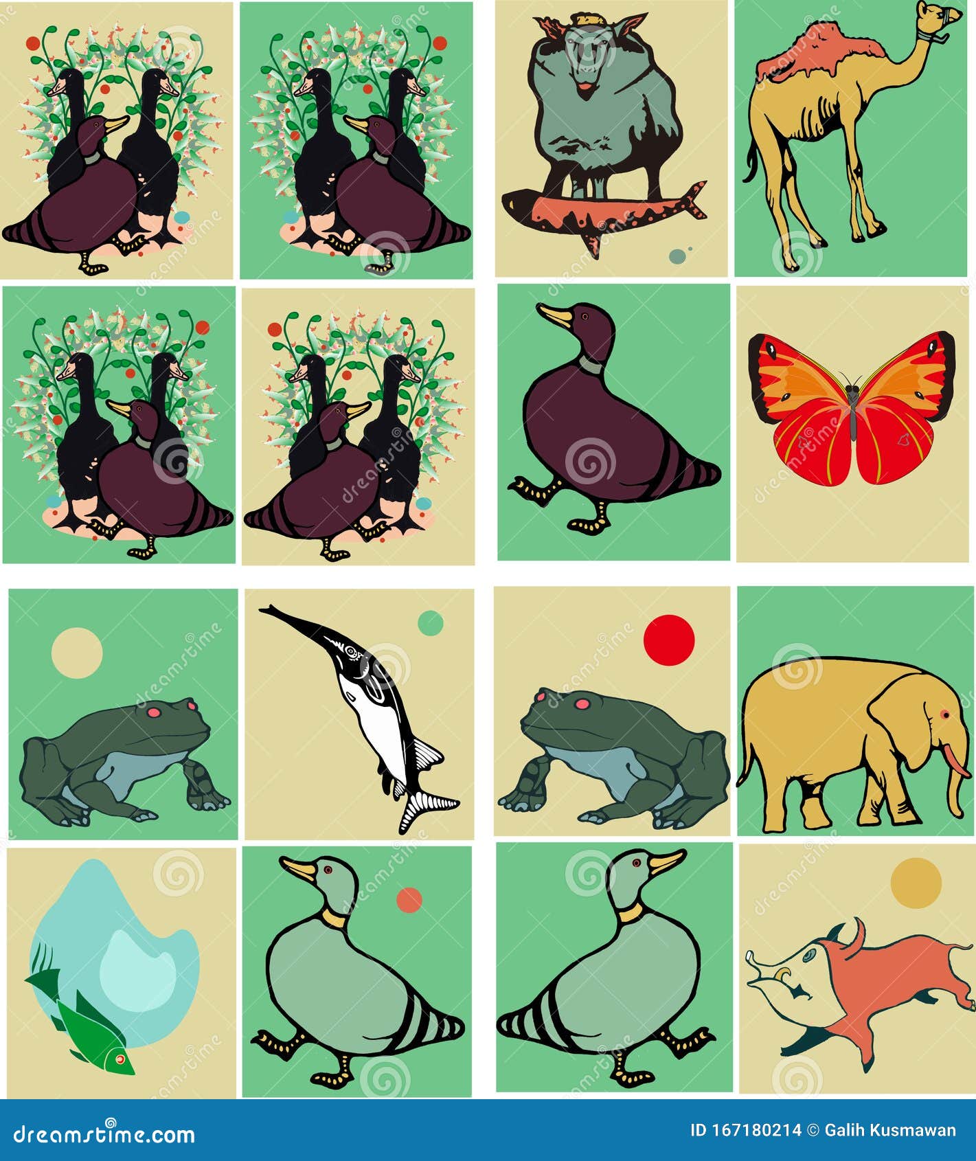 Beautiful Cartoon Illustration of Cute Vintage Animals Set Stock Vector ...