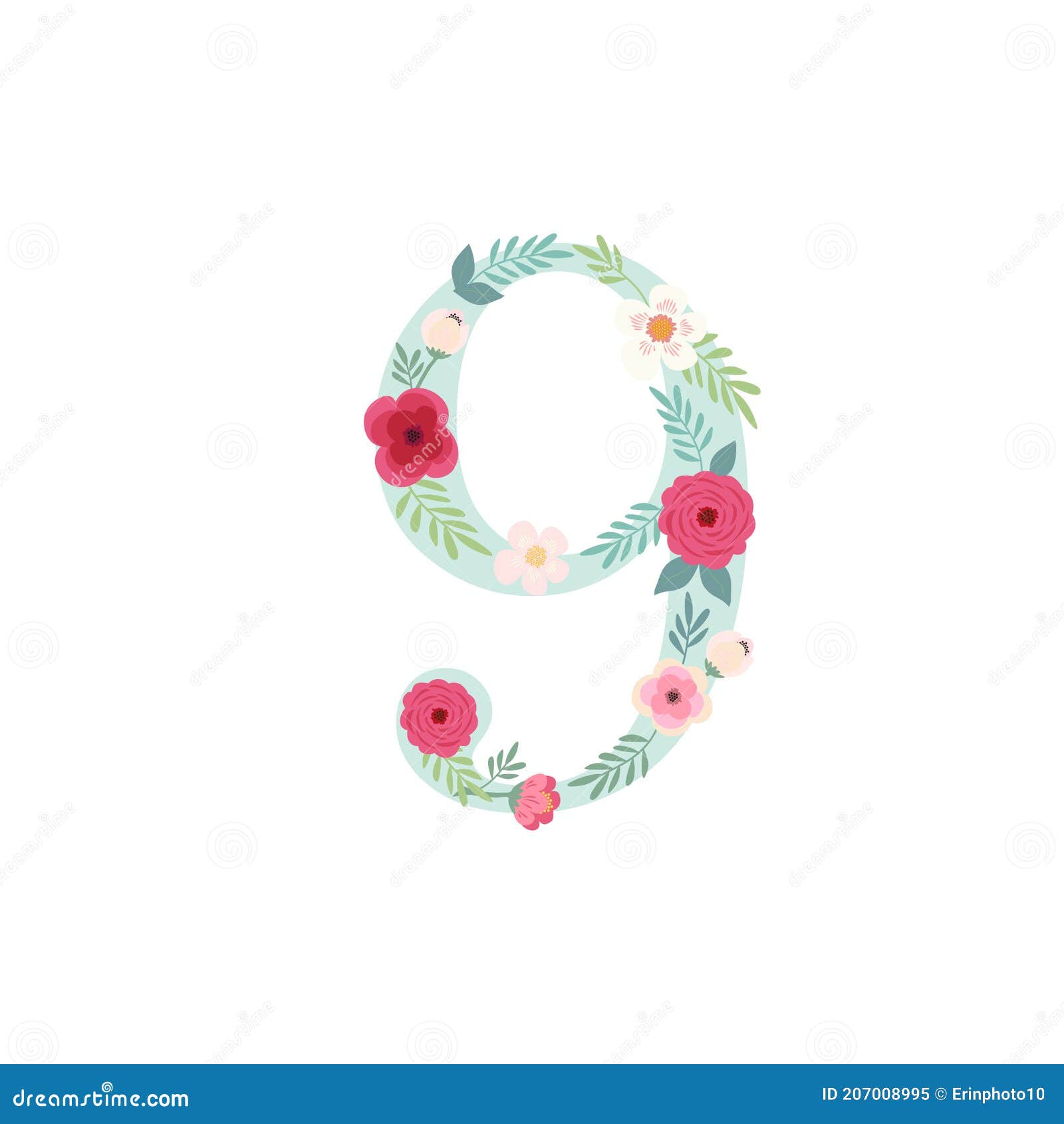 Cute Vintage Number Nine with Flowers Stock Illustration - Illustration ...
