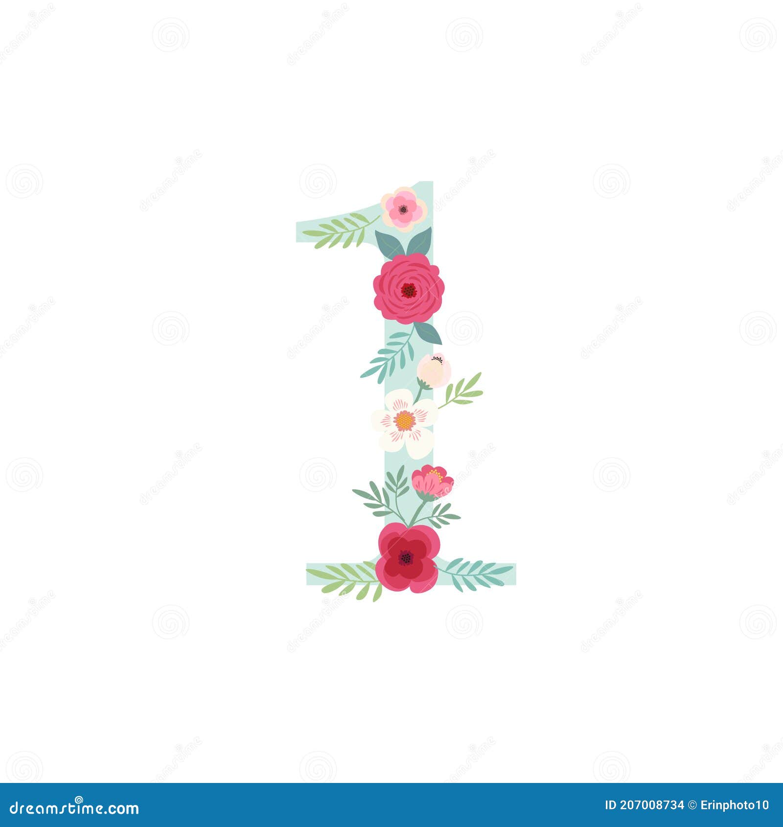 Cute Vintage Number One with Flowers Stock Illustration - Illustration ...