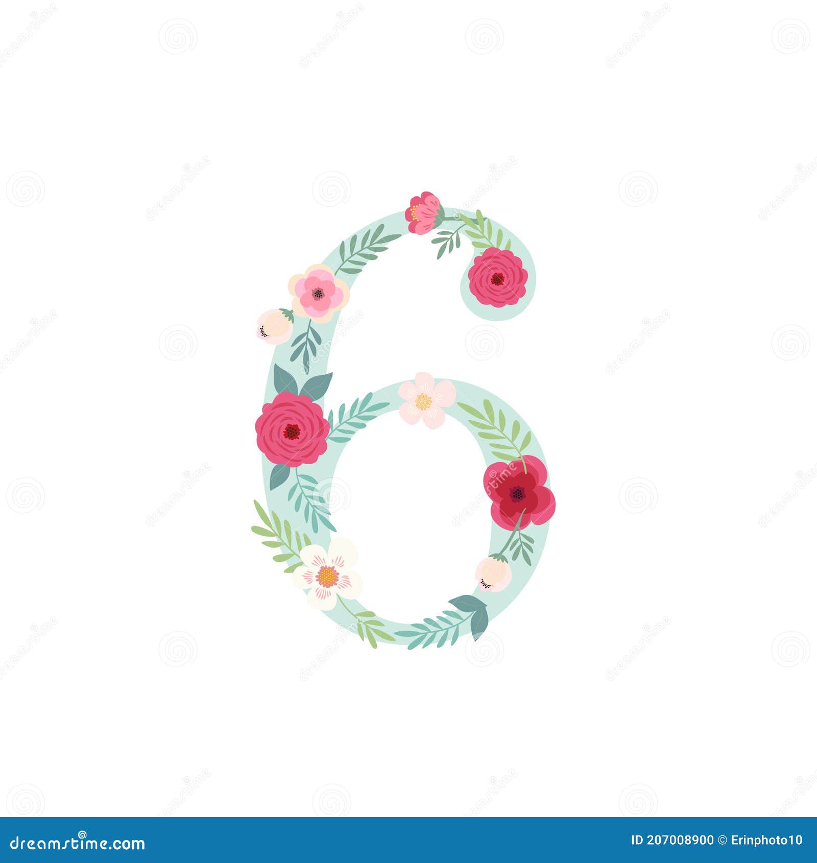 Cute Vintage Number Six with Flowers Stock Illustration - Illustration ...