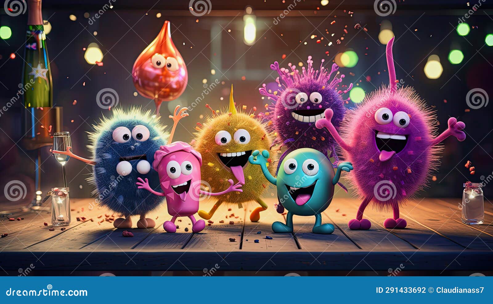 Cute Virus Characters in Different Colors are Celebrating a Party Stock ...