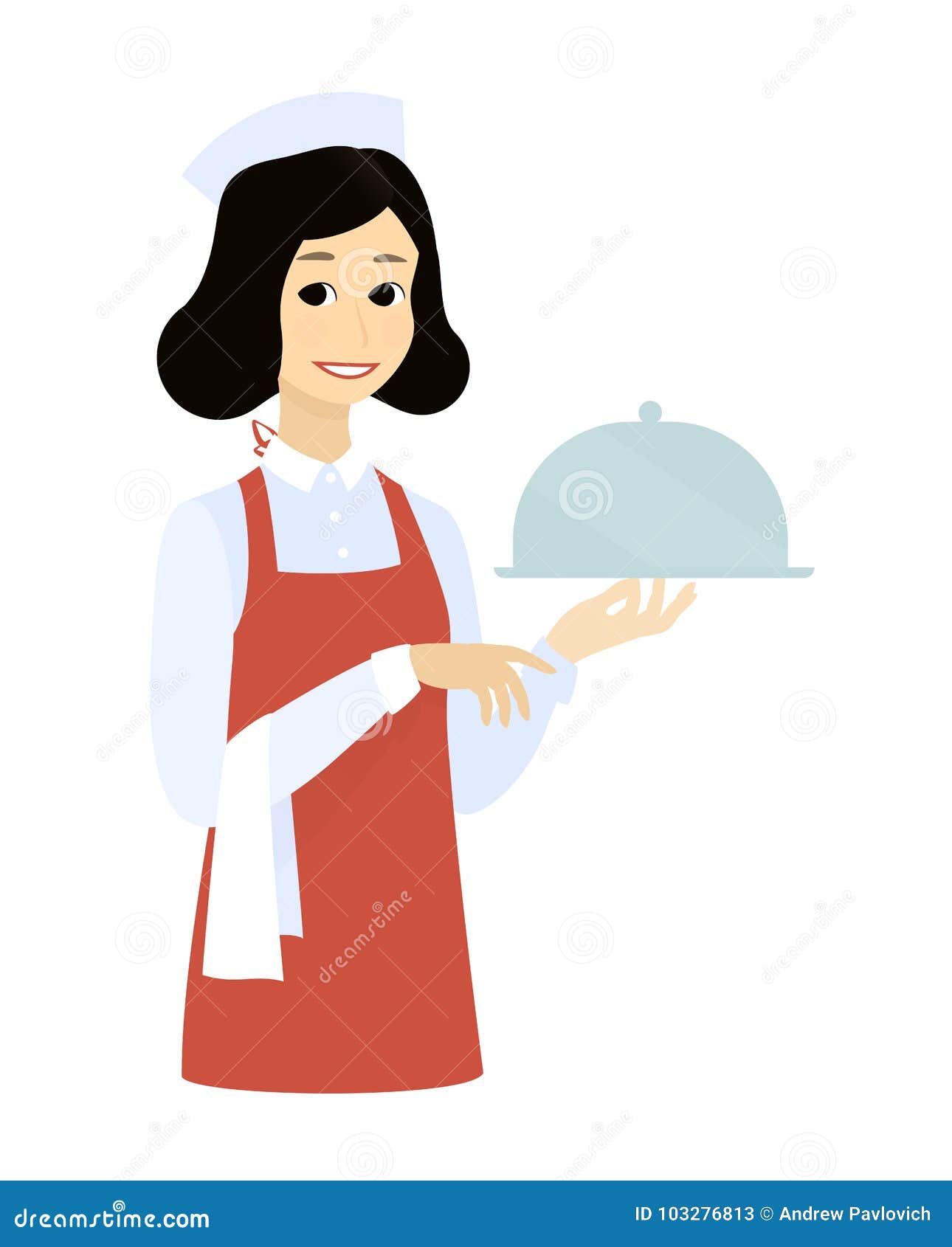 Cute Waitress with the Tray Dish.Cartoon Vector Flat Illustration ...