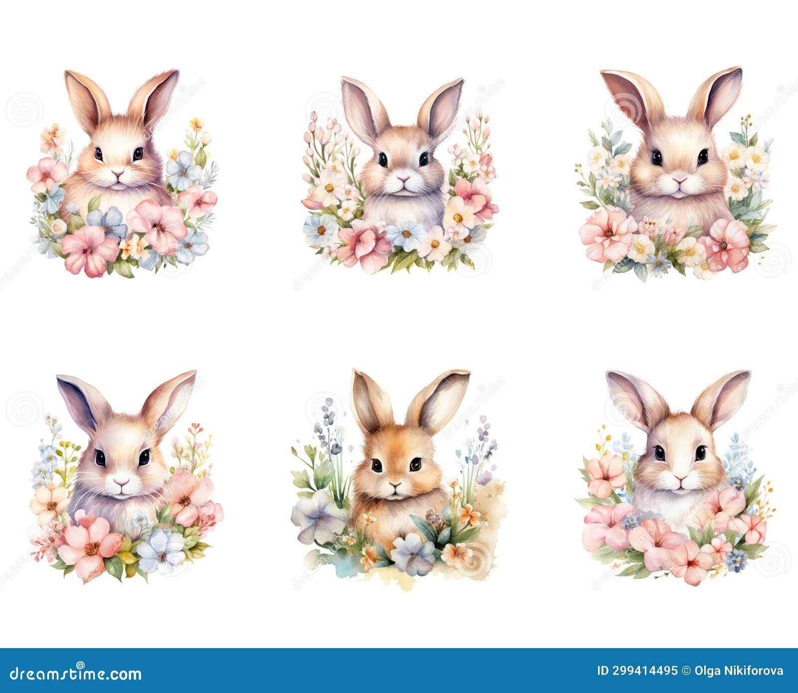 Cute Watercolor Bunny in Spring Flowers. Easter Card Stock Illustration ...
