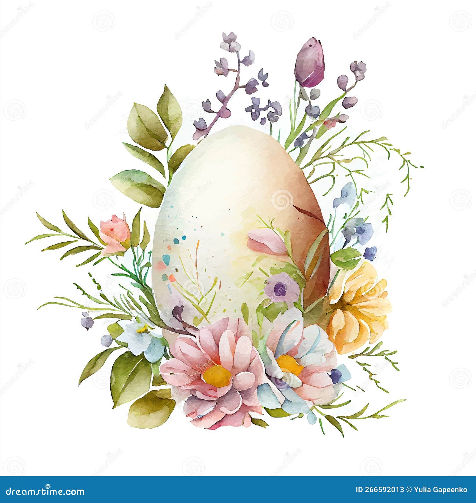 Cute Watercolor Easter Background with Egg and Flower on White ...