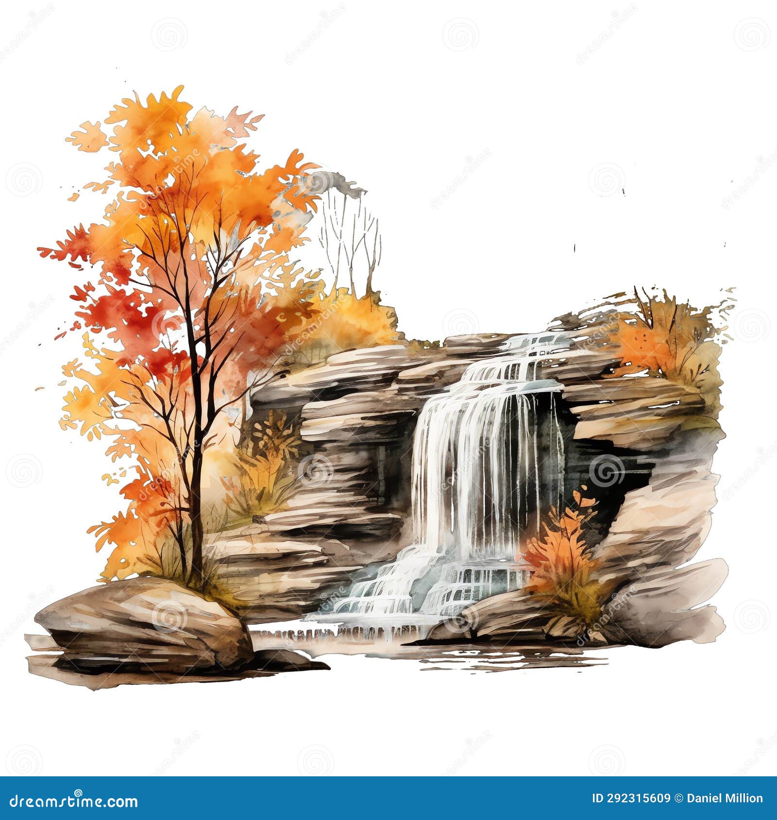 Cute Watercolor Fall Autumn Waterfall Nature, Illustration Stock ...