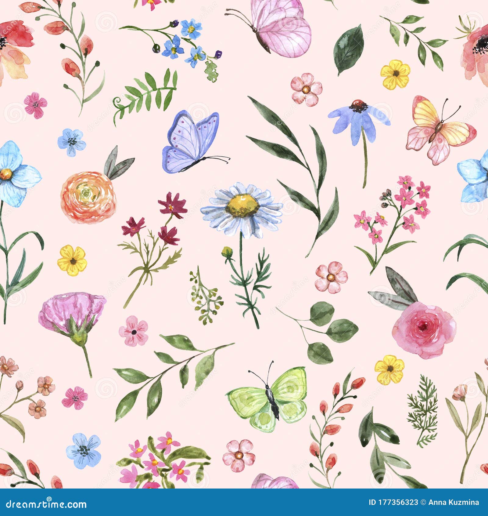 Cute Watercolor Flowers Seamless Pattern On Pink Background Spring