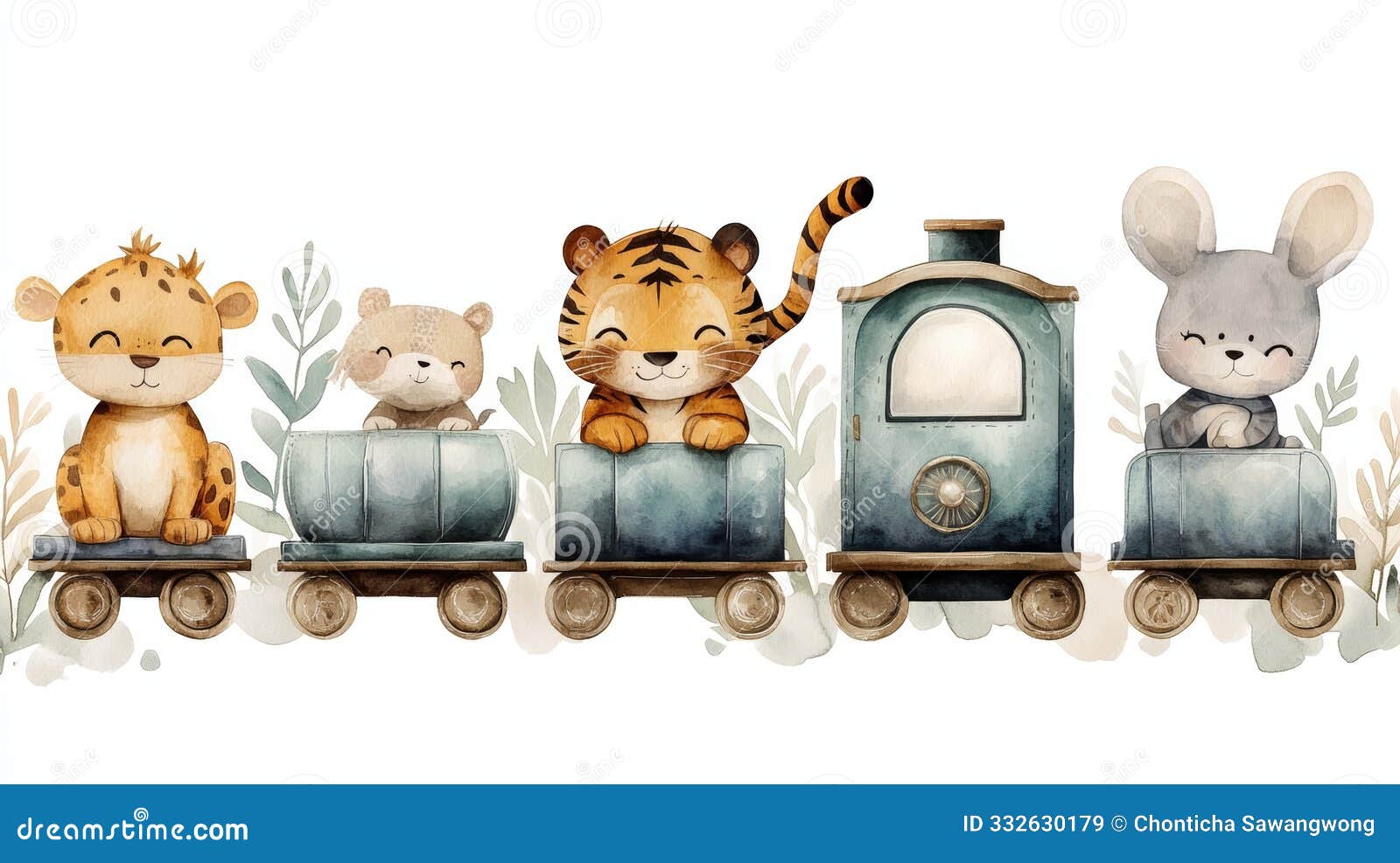 Cute Watercolor Illustration of Animals Riding a Train Stock ...