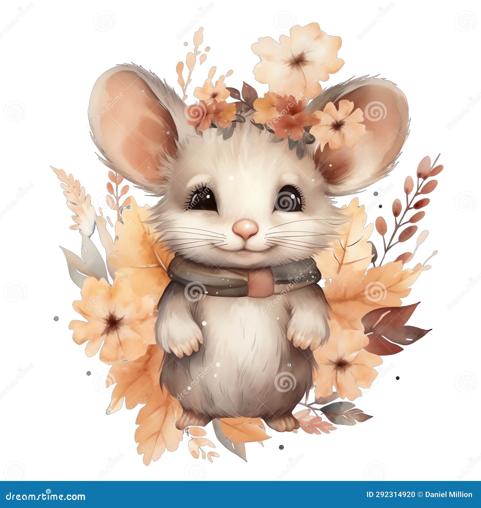 Cute Watercolor Mouse with Flowers and Boho Plants Illustration Stock ...