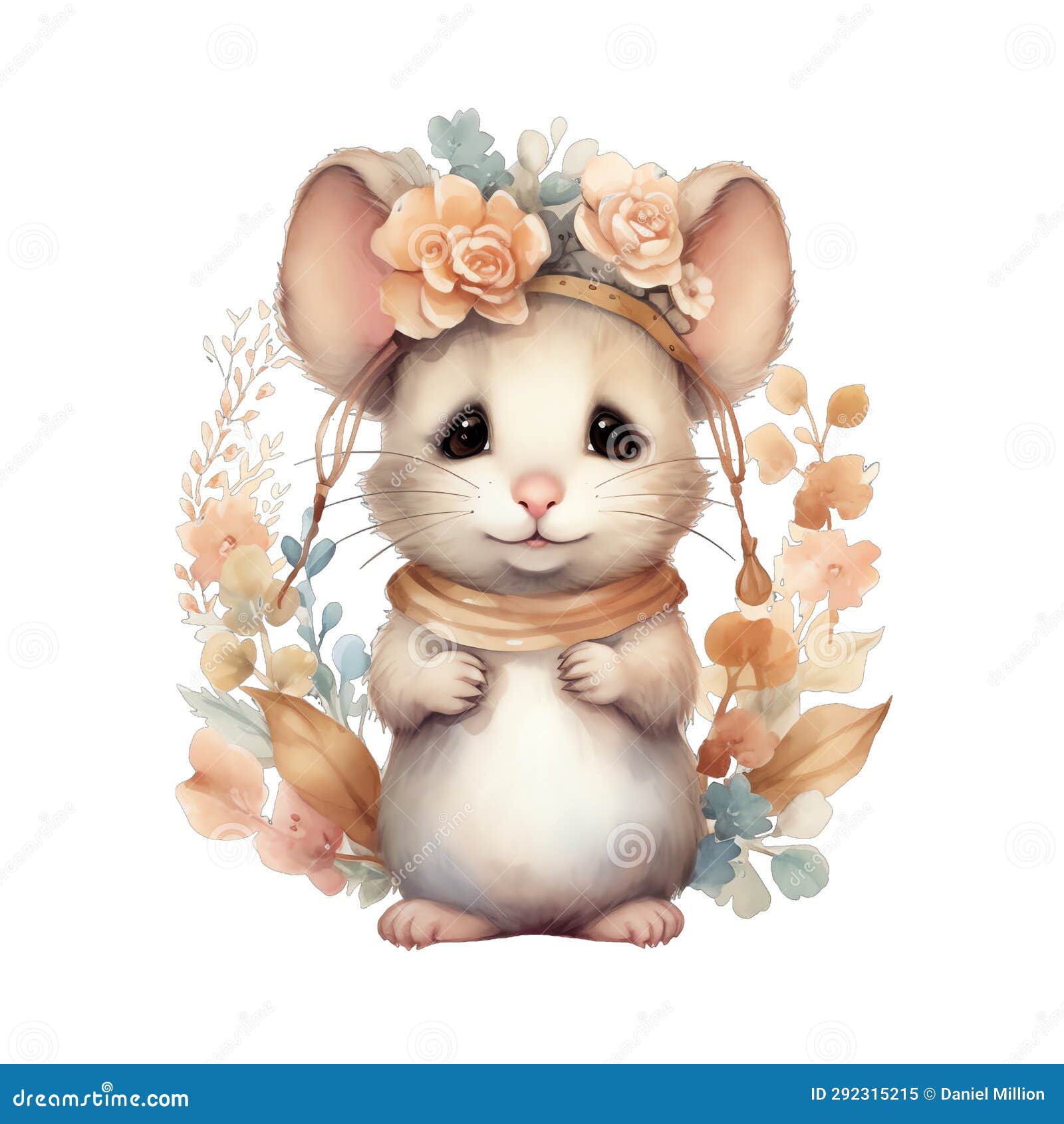 Cute Watercolor Mouse with Flowers and Boho Plants Illustration Stock ...