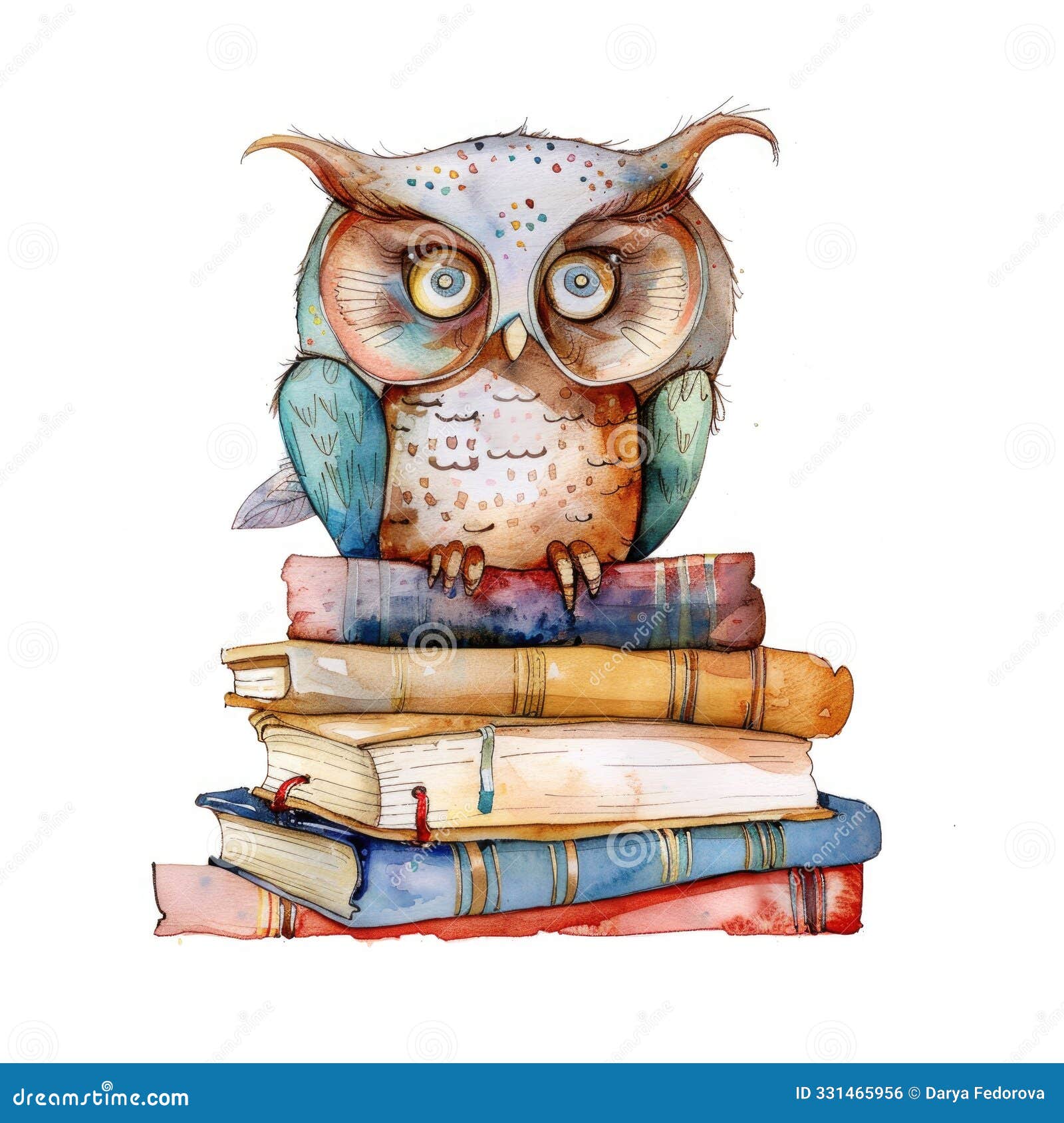 Cute Watercolor Owl on Stack of Vintage Books Stock Illustration ...