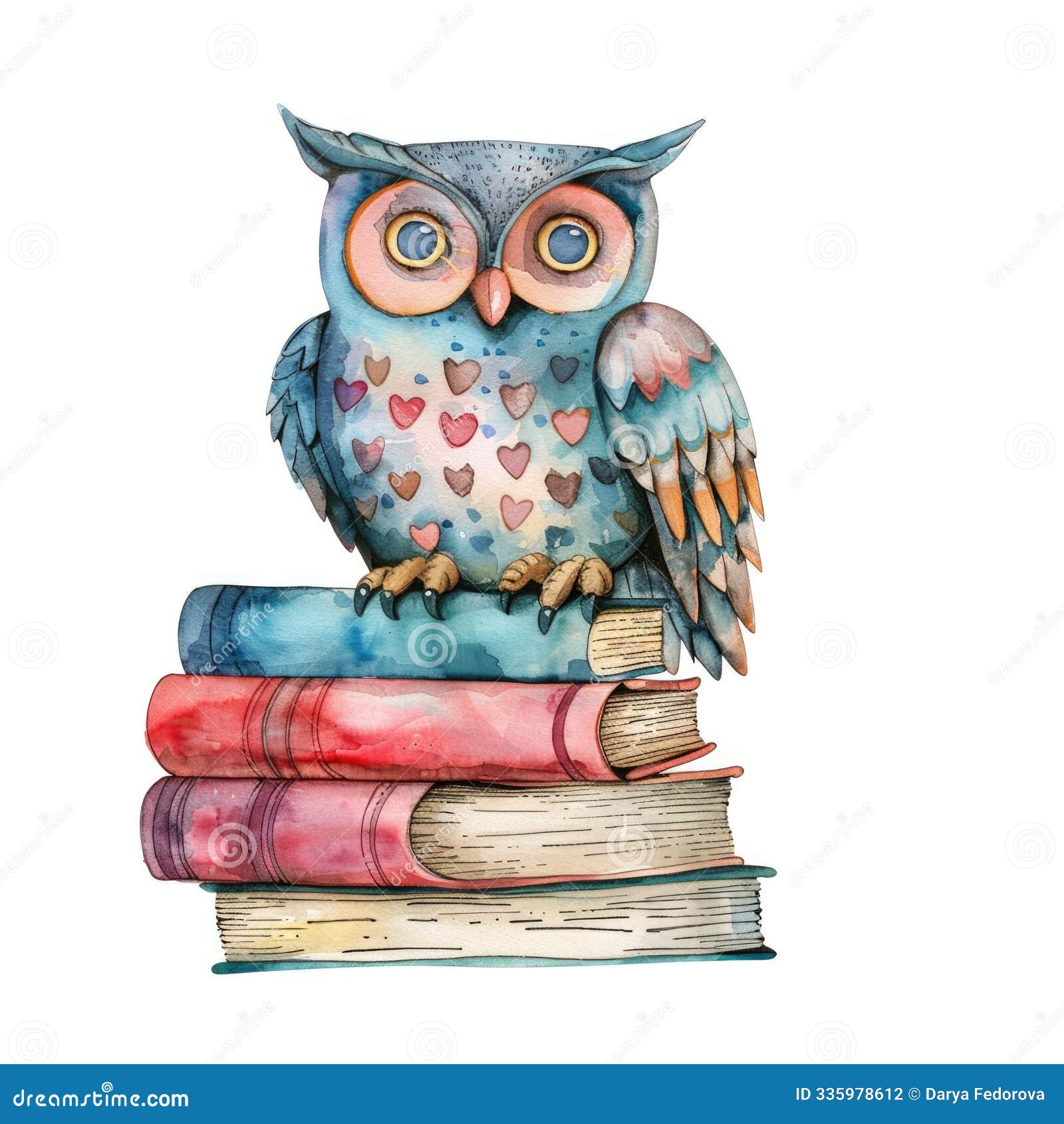 Cute Watercolor Owl on Stack of Vintage Books Stock Illustration ...