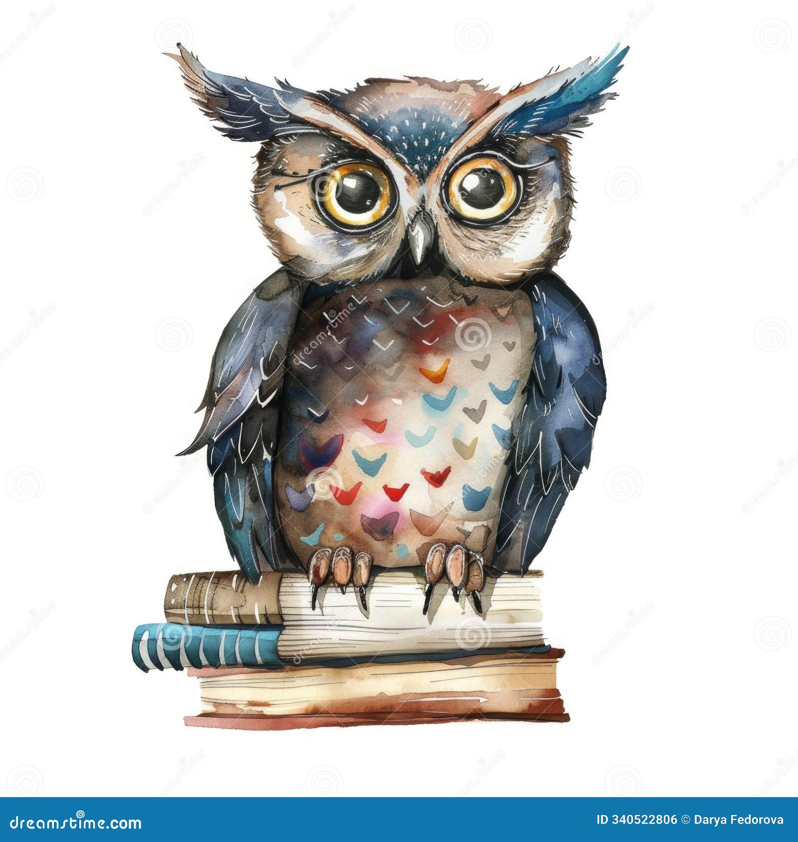 Cute Watercolor Owl on Stack of Vintage Books Stock Illustration ...