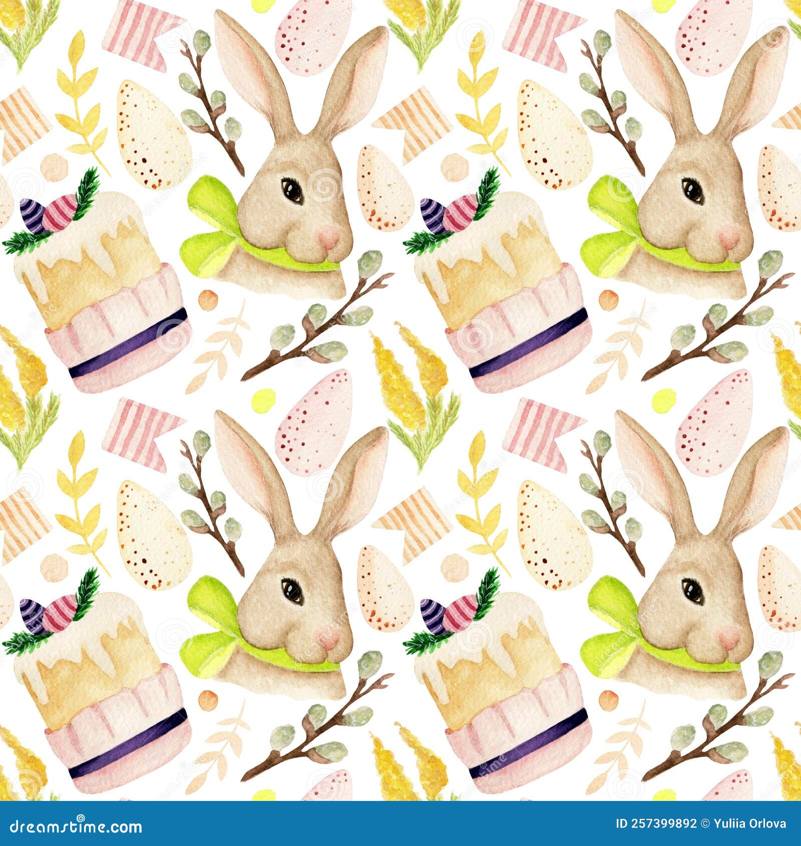 Cute Watercolor Pattern, Delicate Leaves, Easter Bunny with Green Bow ...