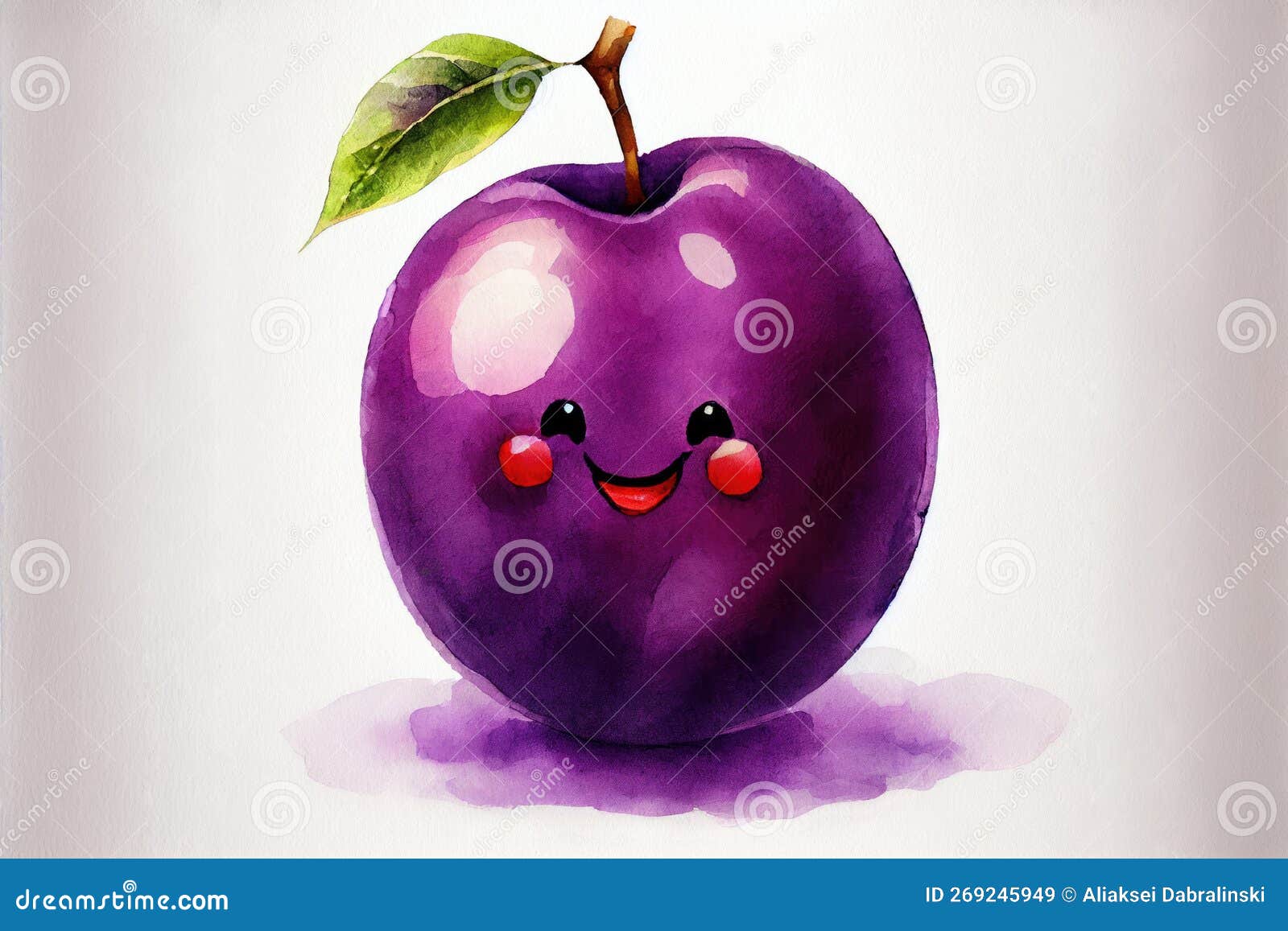 Cute Watercolor Plum with a Happy Face Stock Illustration ...