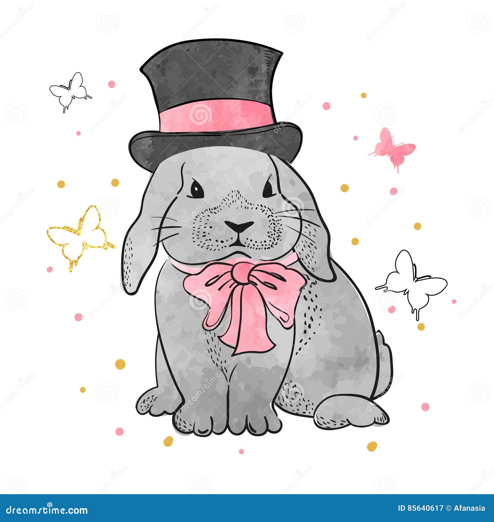 Cute Watercolor Rabbit Boy With Bow And Hat. Cartoon Vector ...