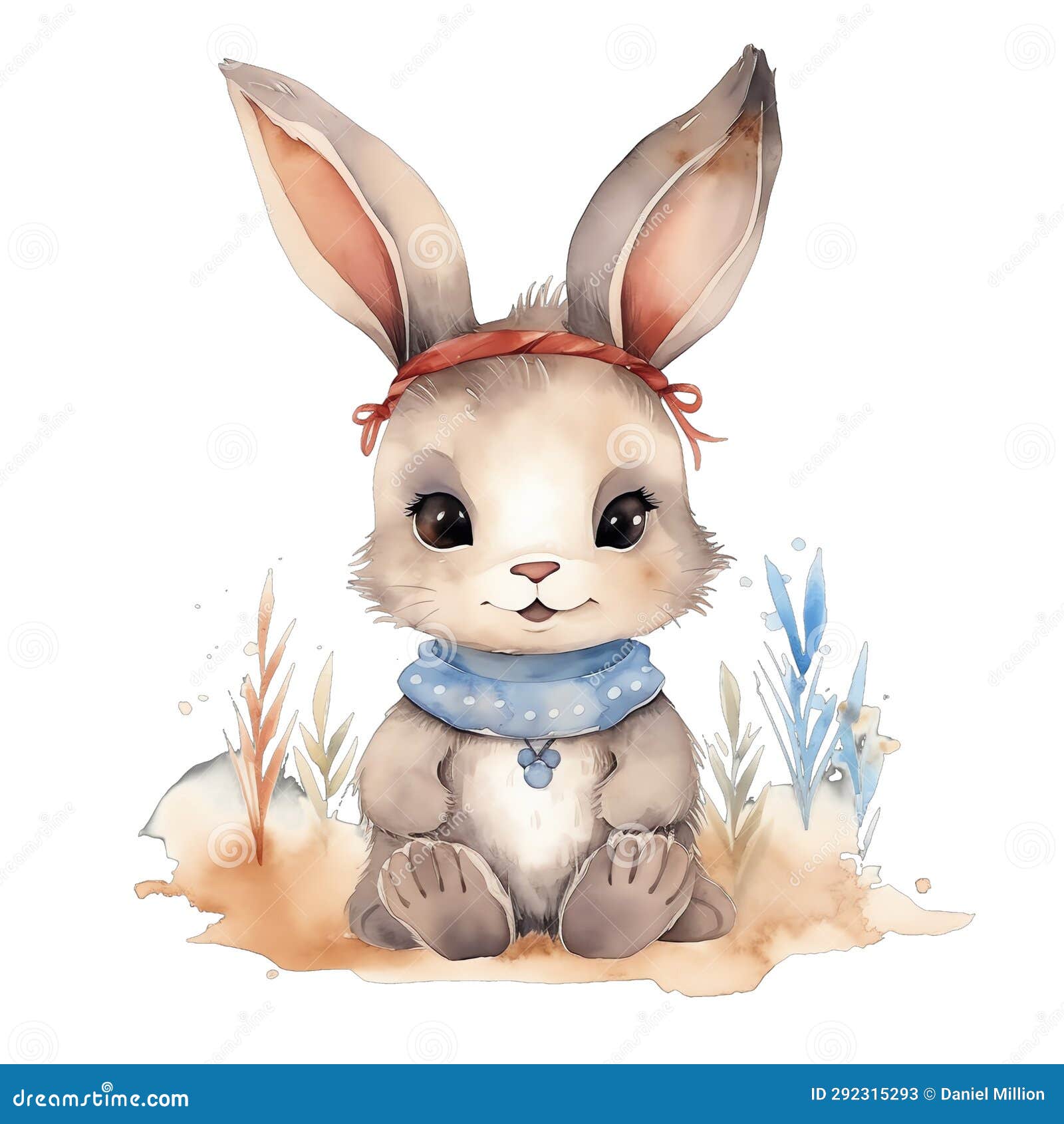 Cute Watercolor Rabbit with Flowers and Boho Plants Illustration Stock ...