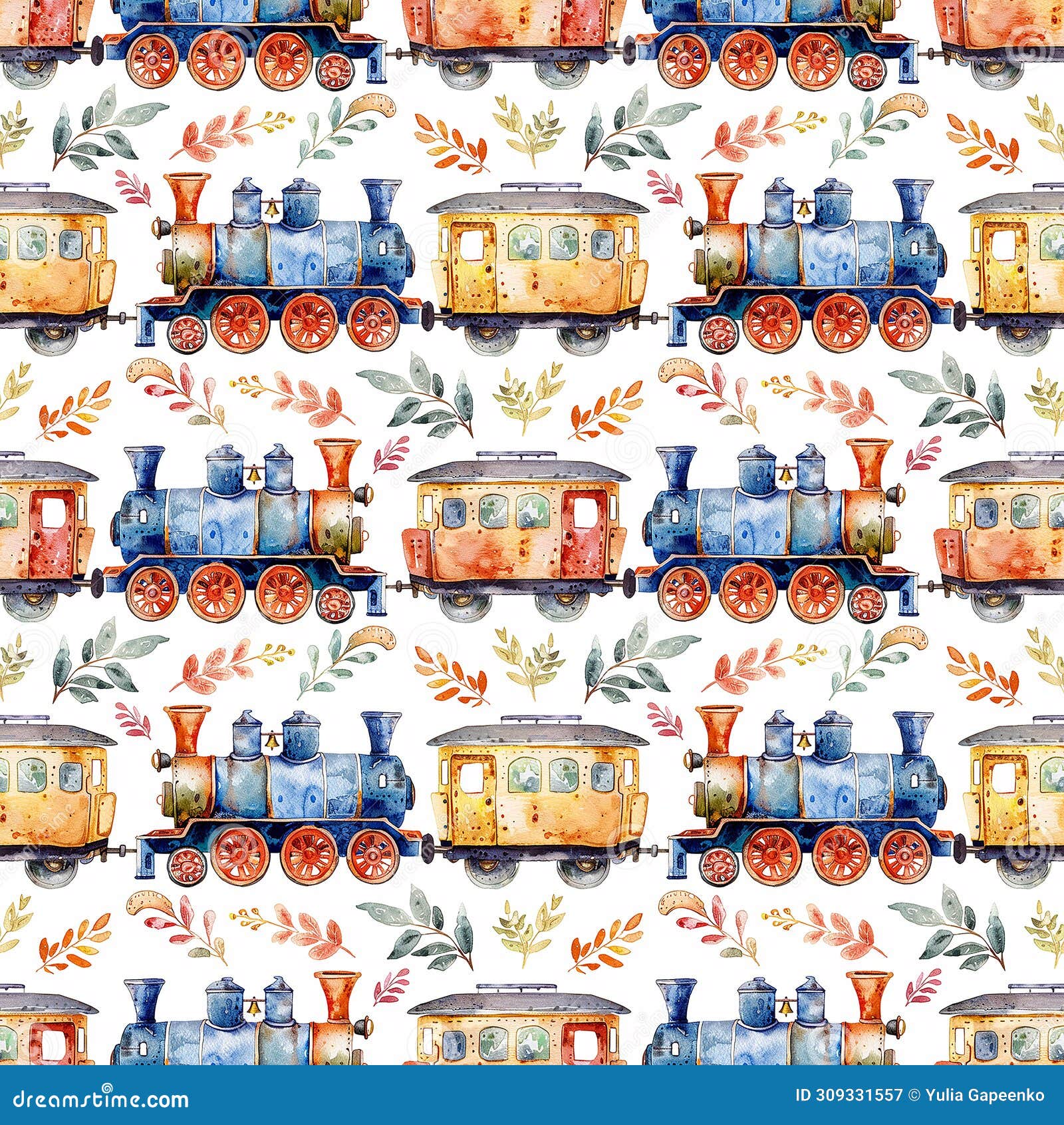 Cute Watercolor Seamless Pattern Background with Trains Stock Image ...