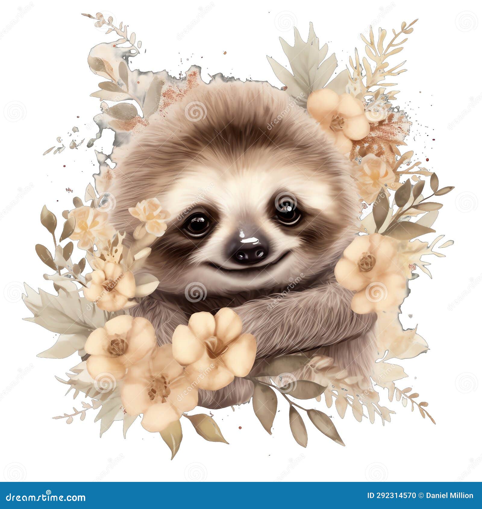 Cute Watercolor Sloth with Flowers and Boho Plants Illustration Stock ...