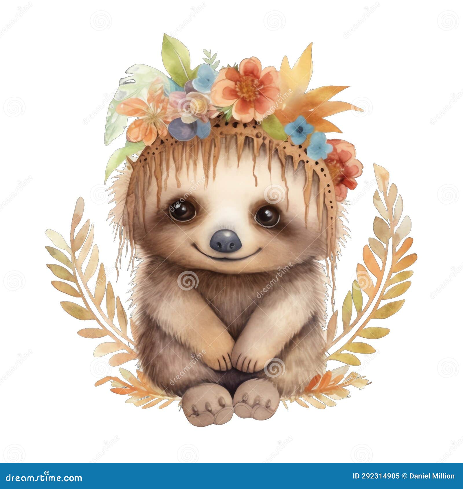 Cute Watercolor Sloth with Flowers and Boho Plants Illustration Stock ...