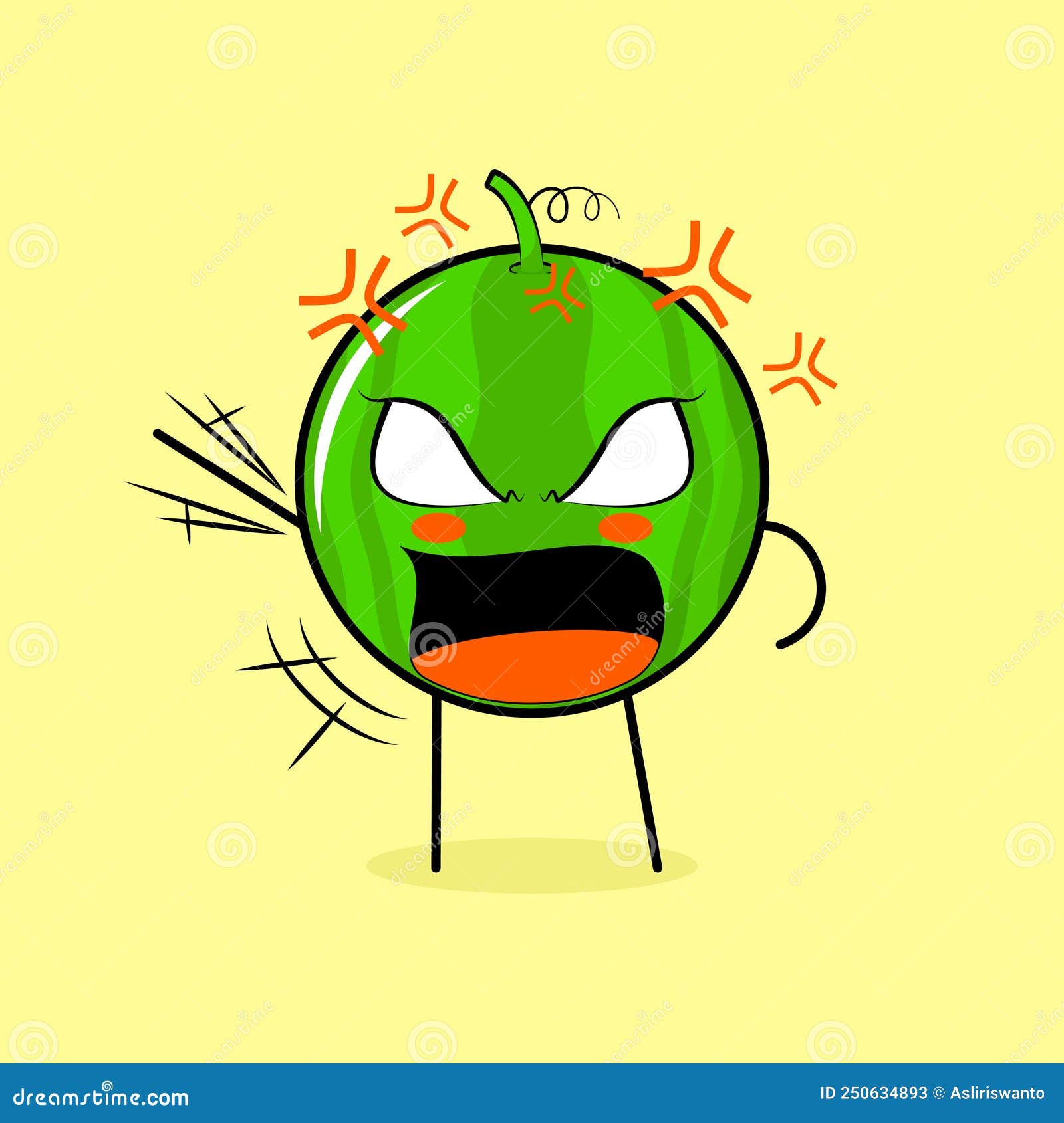 Cute Watermelon Character with Angry Expression. One Hand Raised, Eyes ...