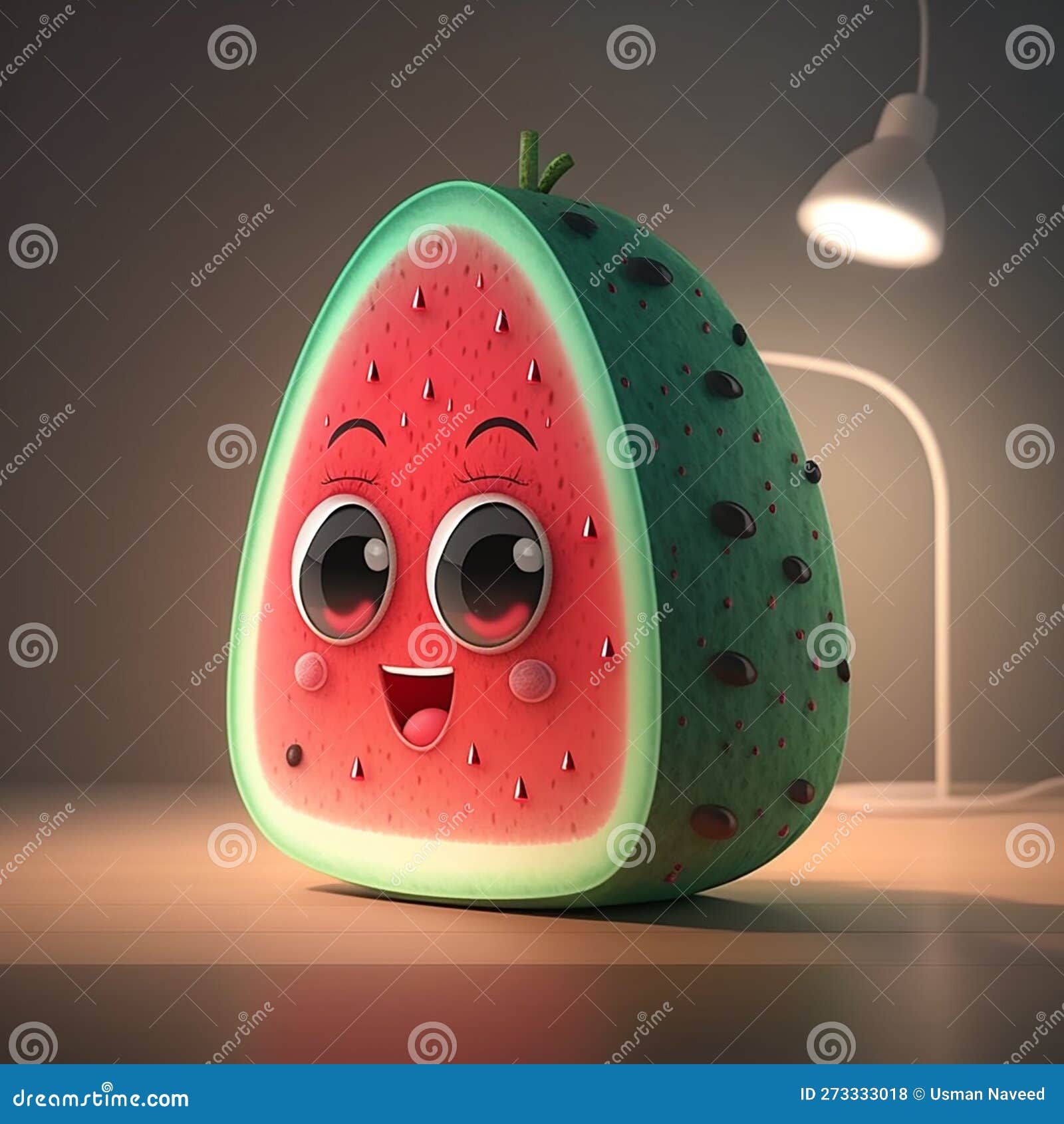 A Cute Watermelon Slice Cartoon with Big Eyes 3D Render Stock ...