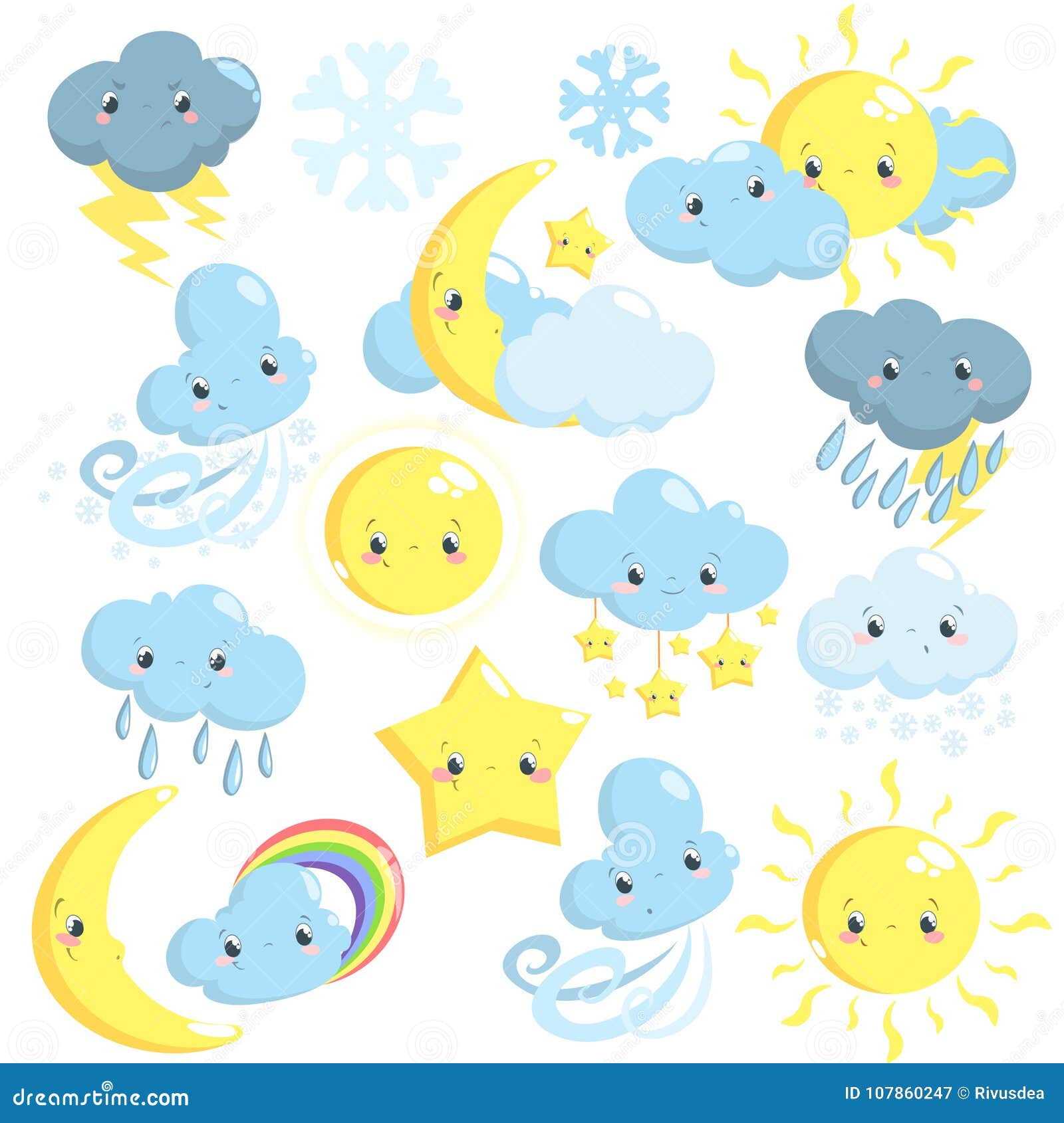 Cute Weather Icons Collection With Sun Moon Clouds Star Snowflakes