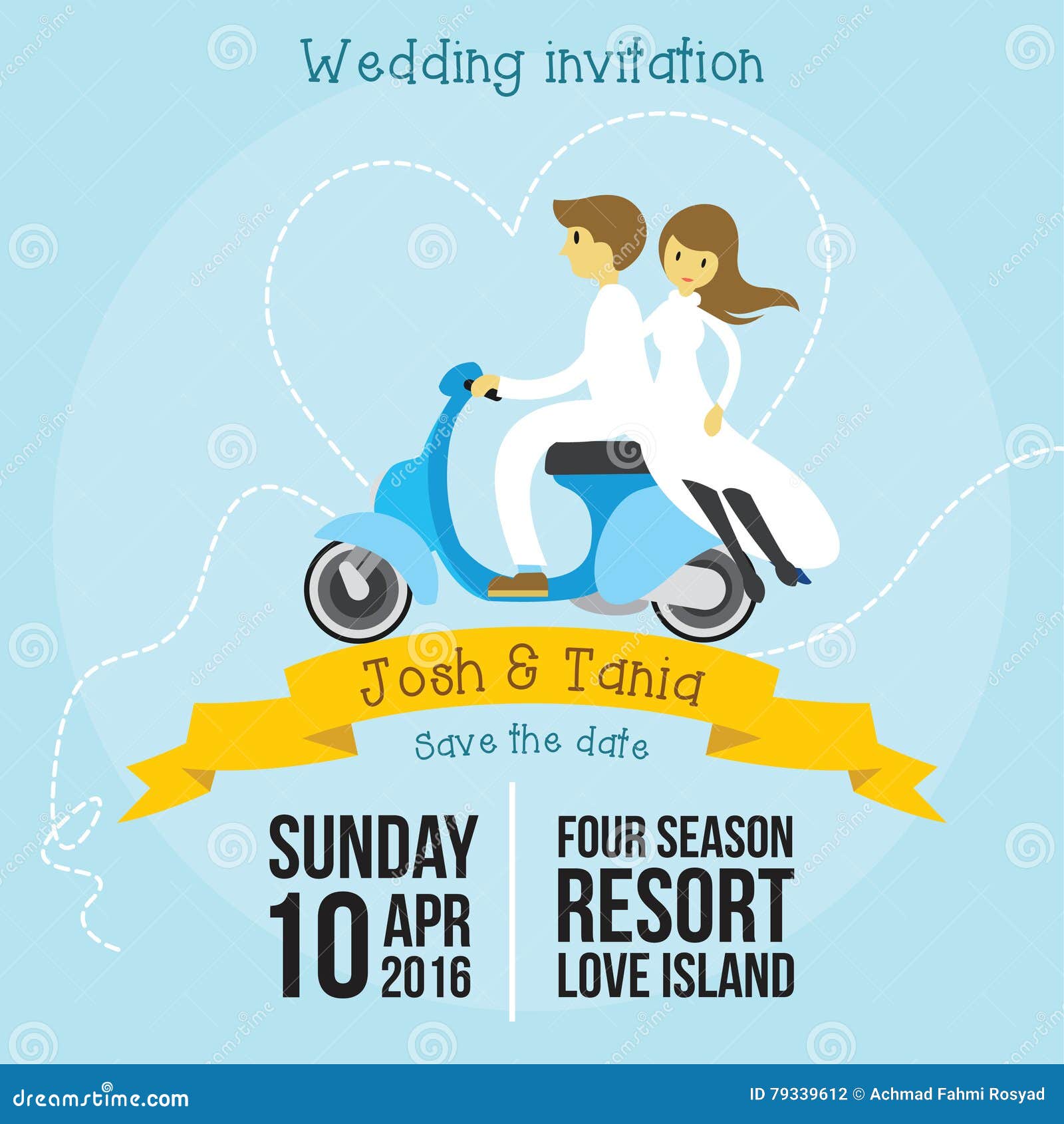 Cute Wedding Invitation Cartoon Style Template with Soft Blue ...
