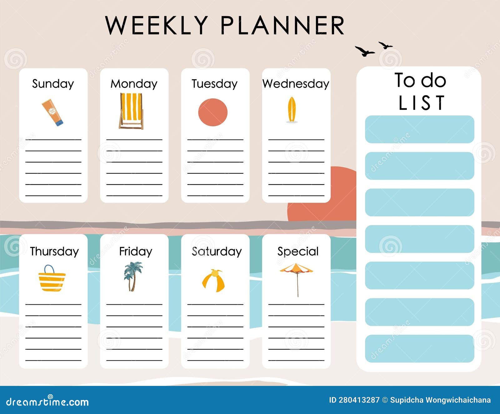 Cute Weekly Planner Background with Beach,sun,sea,sand.Vector ...