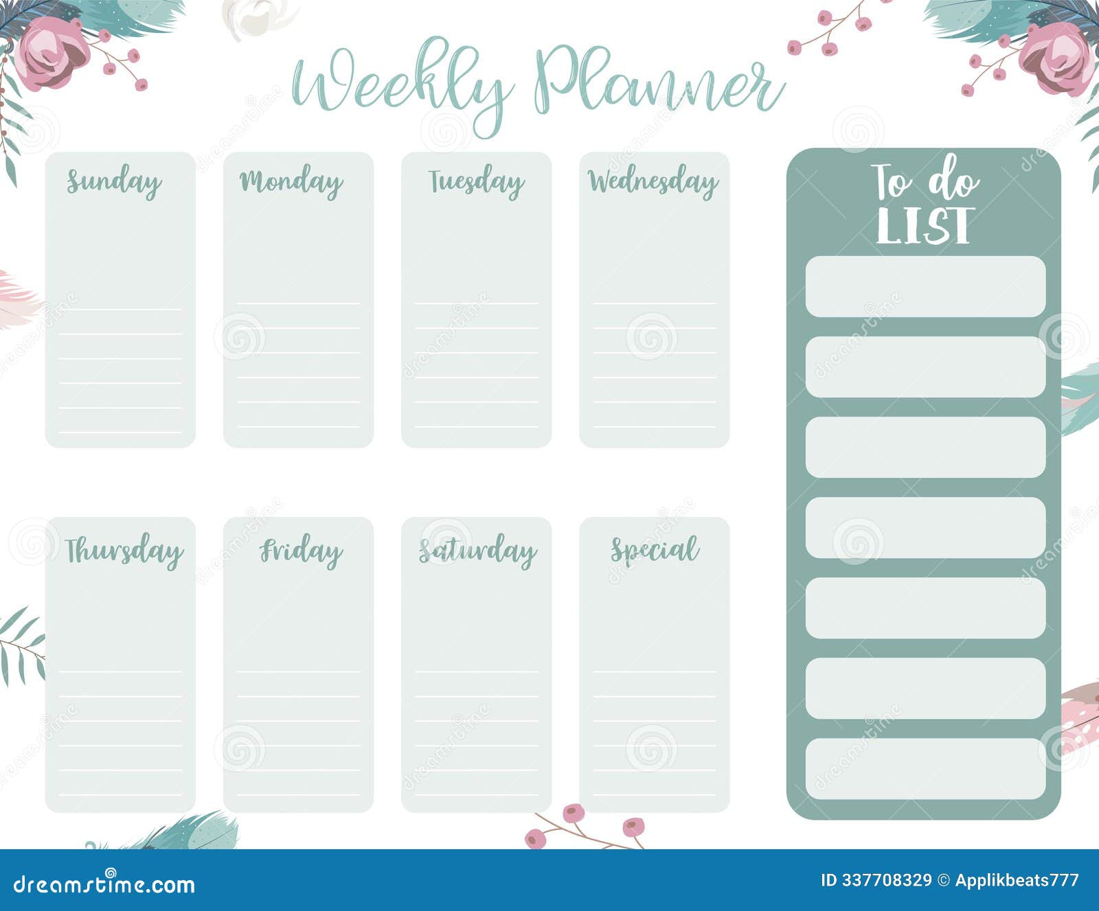 Cute Weekly Planner Background with Flower,feather.Vector Illustration ...