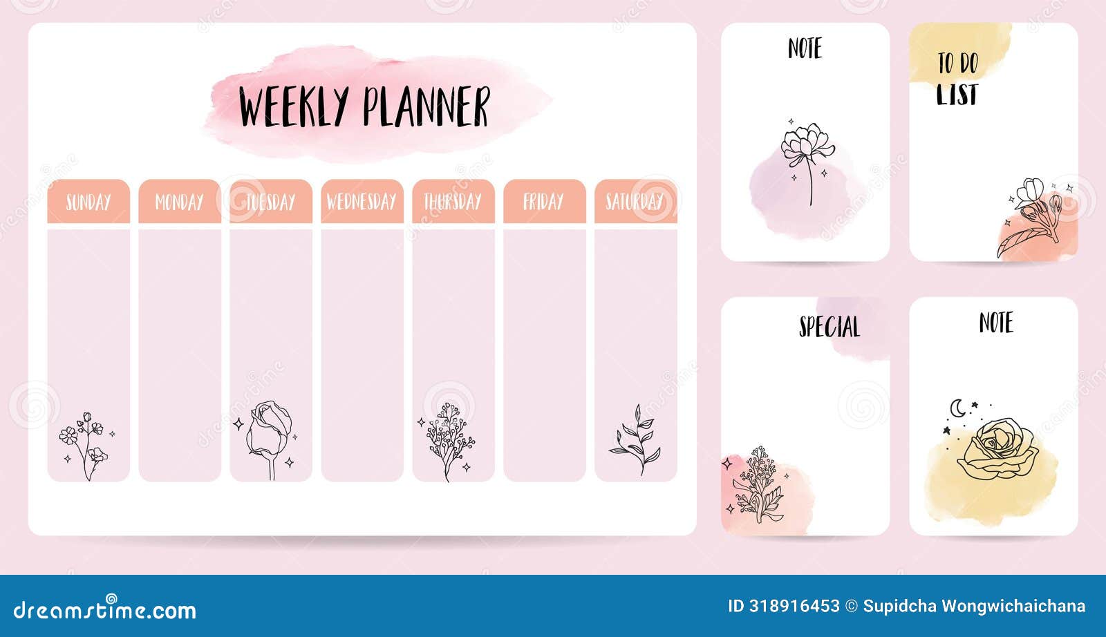 Cute Weekly Planner Background with Flower.Vector Illustration for Kid ...