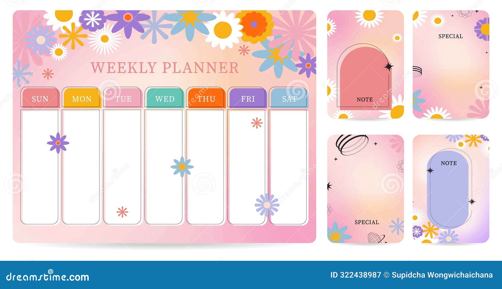 Cute Weekly Planner Background with Flower. Vector Illustration for Kid ...