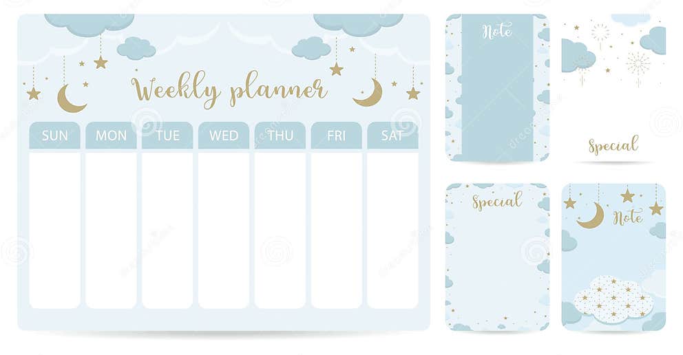 Cute Weekly Planner Background with Twinkle. Vector Illustration for ...
