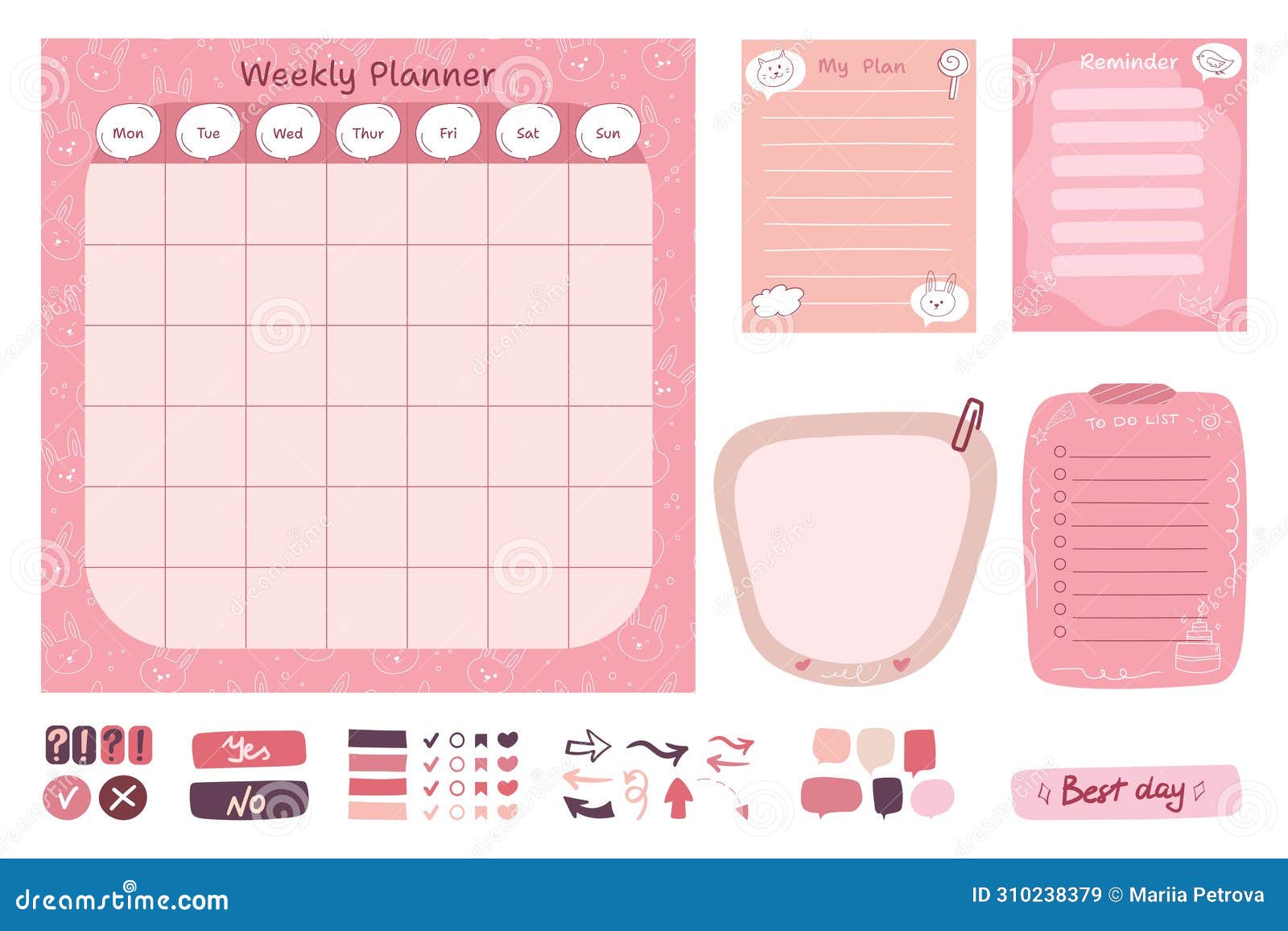 Cute Weekly Planner with Bunny Pattern, To Do List and Reminder Notes ...
